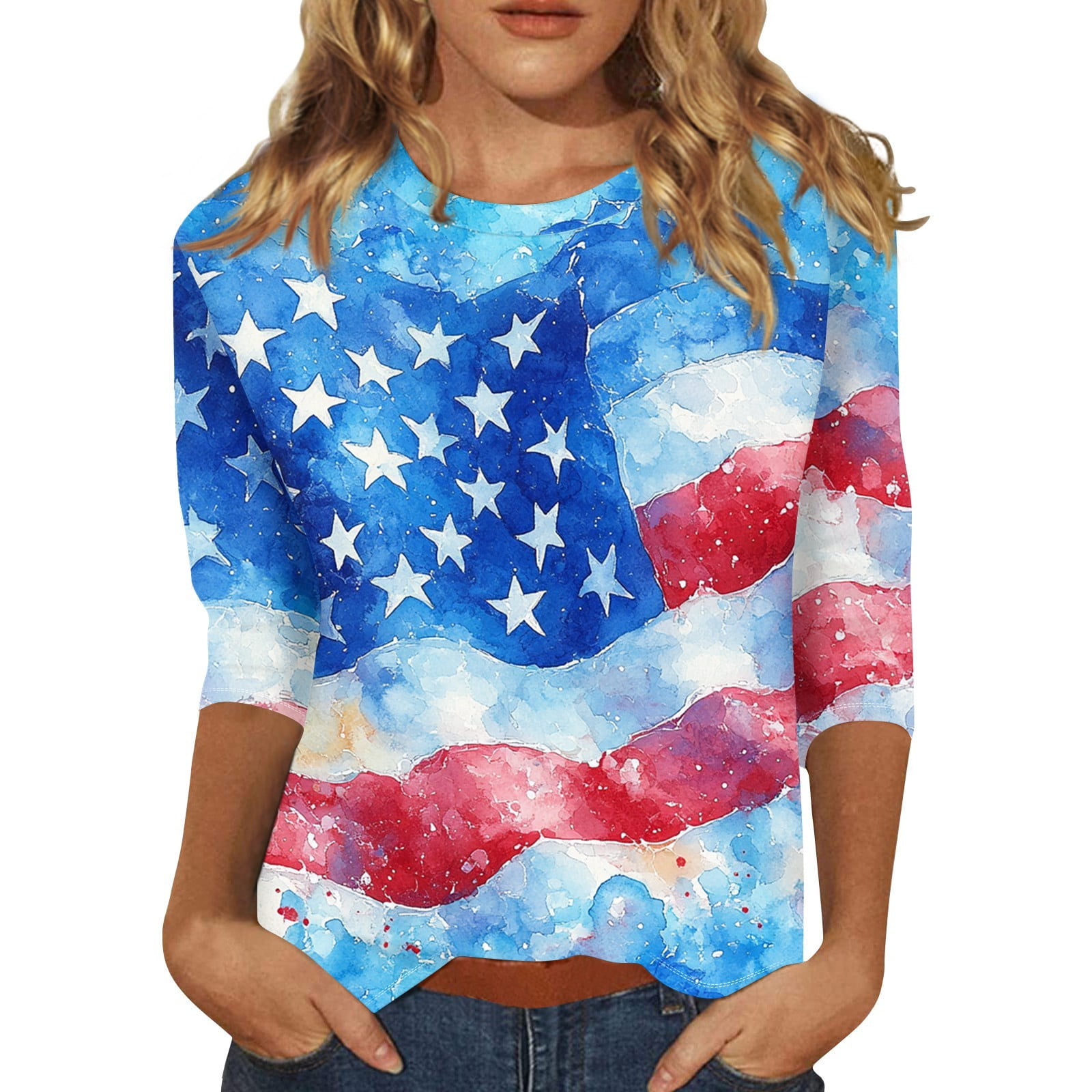 Qcmgmg Fourth Of July Shirts for Women Plus Size 3/4 Sleeve Memorial Day USA Flag Tops Crew Neck ...