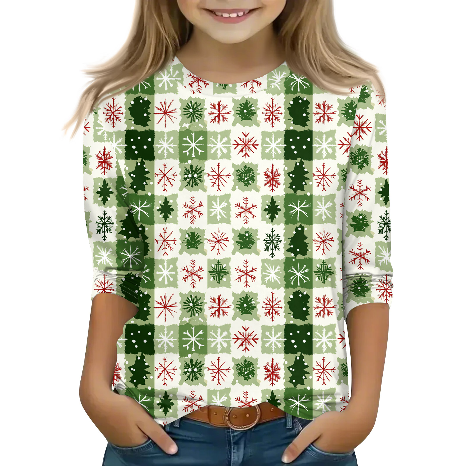 Qcmgmg Girls Christmas Tops Children Fall Crew Neck Christmas Print ...