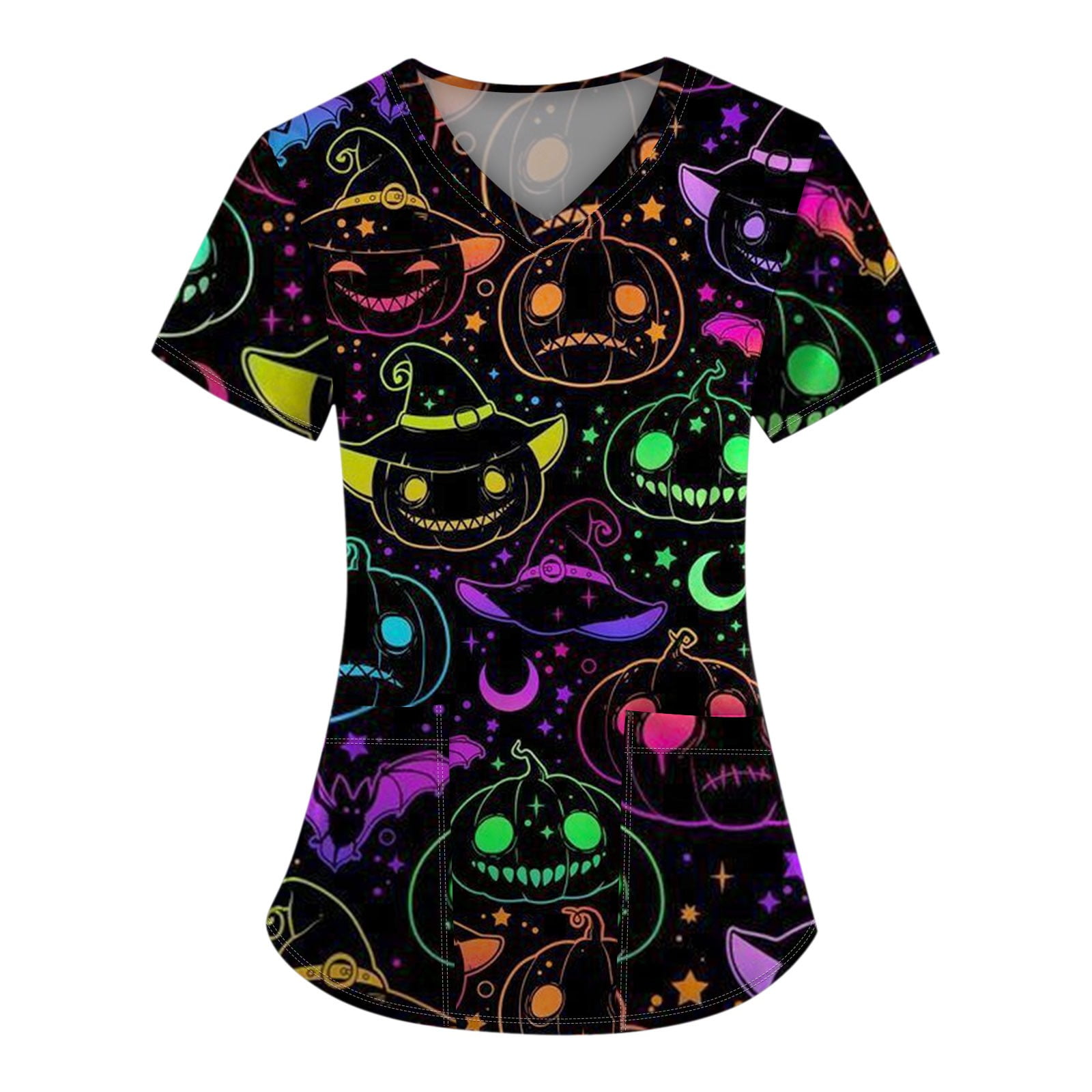 Qcmgmg Halloween Scrub Tops Women Short Sleeve Fall Funny Skeleton ...