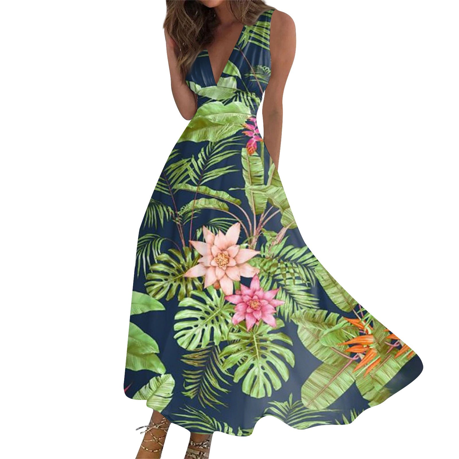 Qcmgmg Hawaiian Dress for Women Tropical Casual V Neck Beach Maxi ...
