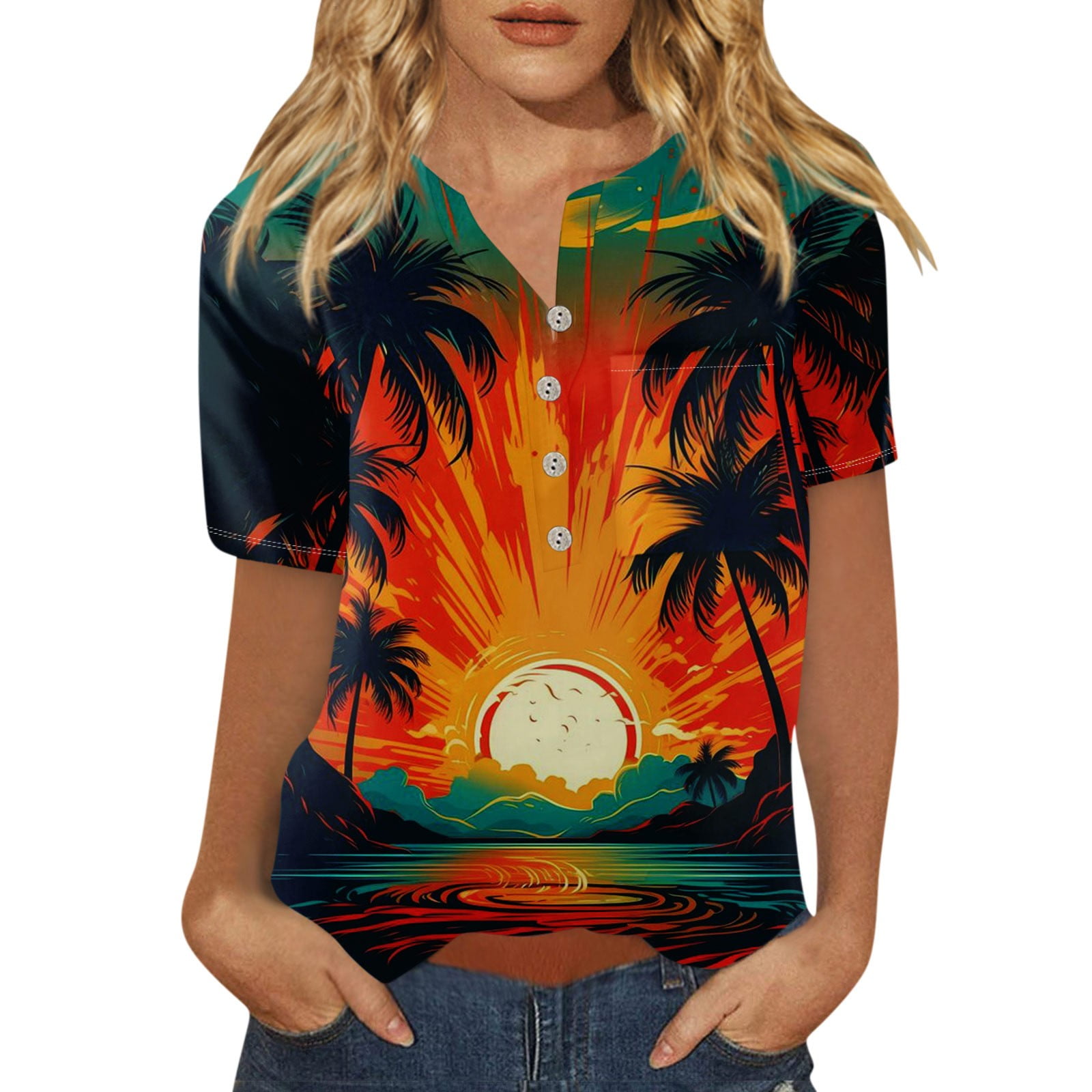 Qcmgmg Hawaiian Shirts For Women Button Down Summer Front Pocket Casual