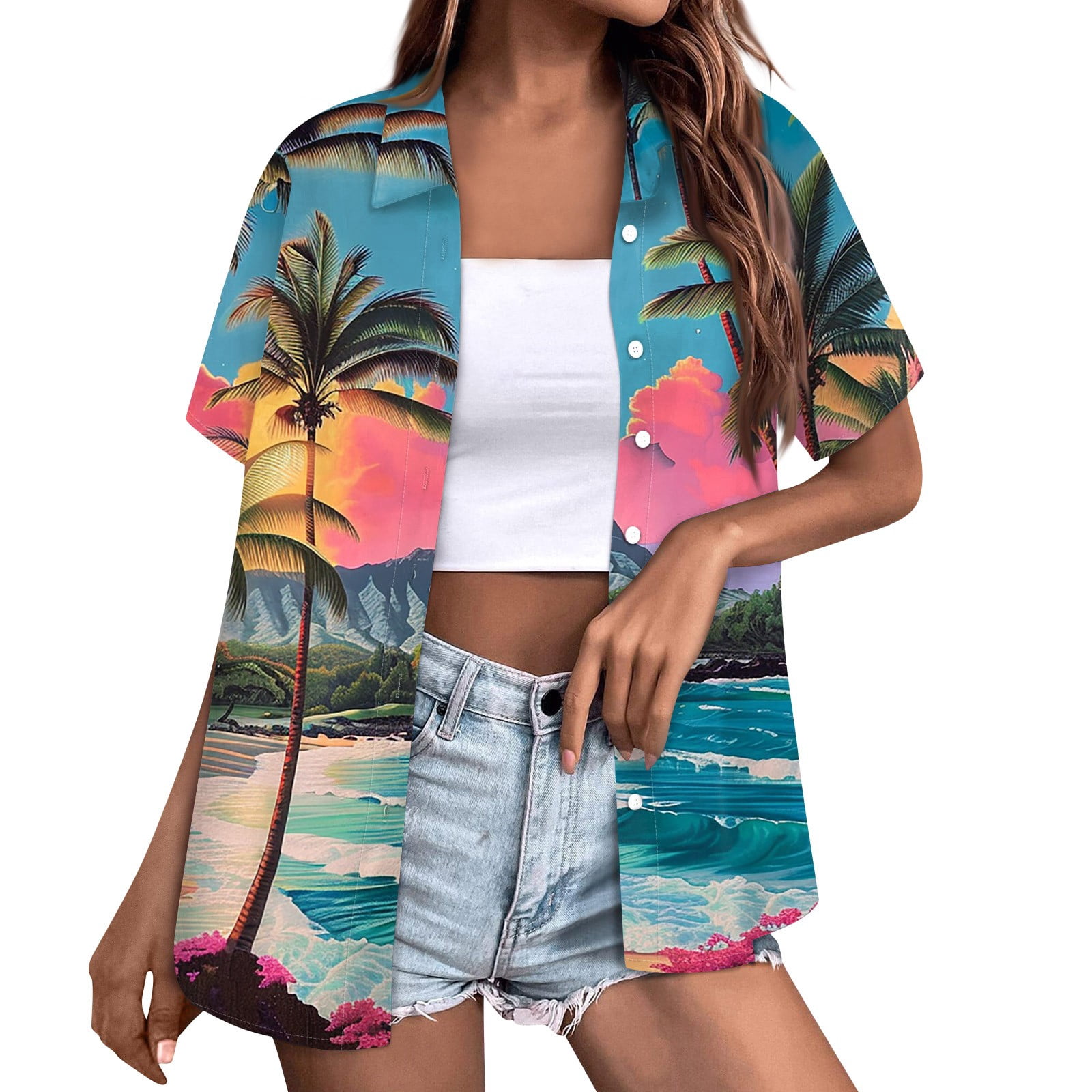 Qcmgmg Hawaiian Shirts for Women Floral Leaves Printed Shirt Tropical ...