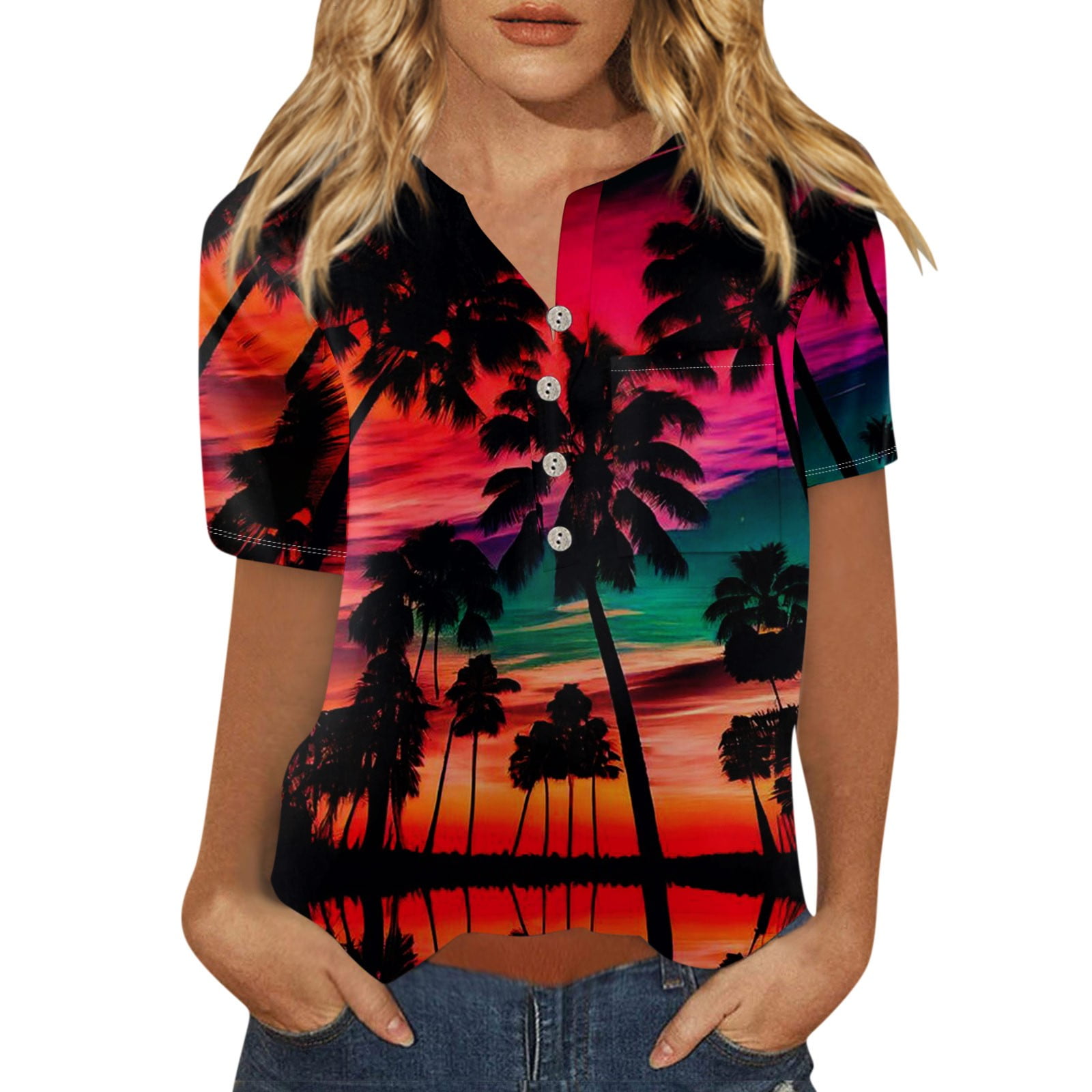 Qcmgmg Hawaiian Shirts For Women Henley Neck Beach Tropical Summer