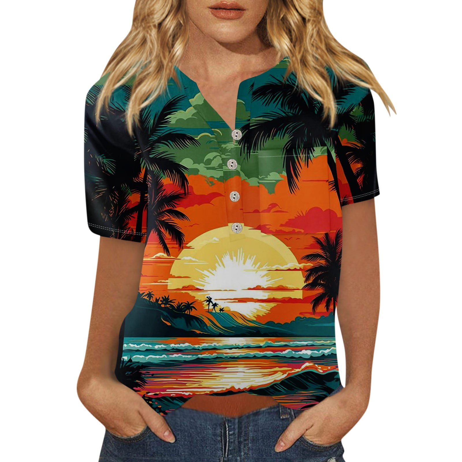 Qcmgmg Hawaiian Shirts For Women Tropical Casual Henley Neck 2024