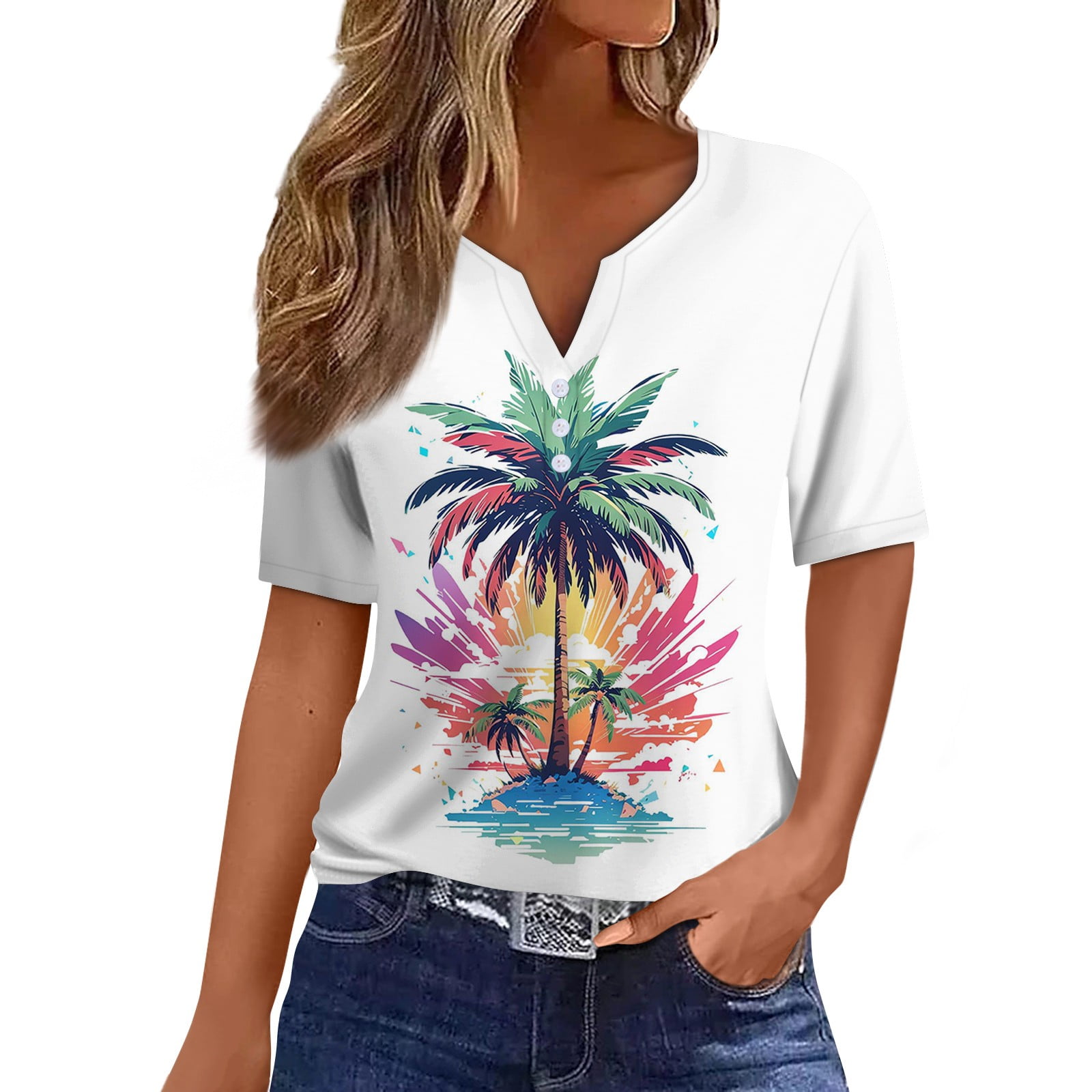 Qcmgmg Hawaiian Shirts For Women Tropical Casual Short Sleeve Boho T