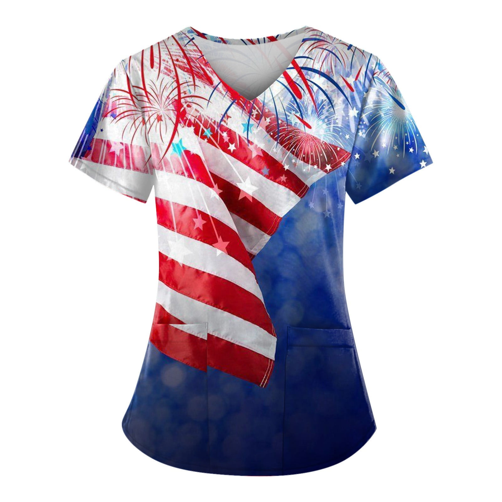 Qcmgmg Independence Day Scrub Tops Patriotic V Neck Scrubs Short Sleeve