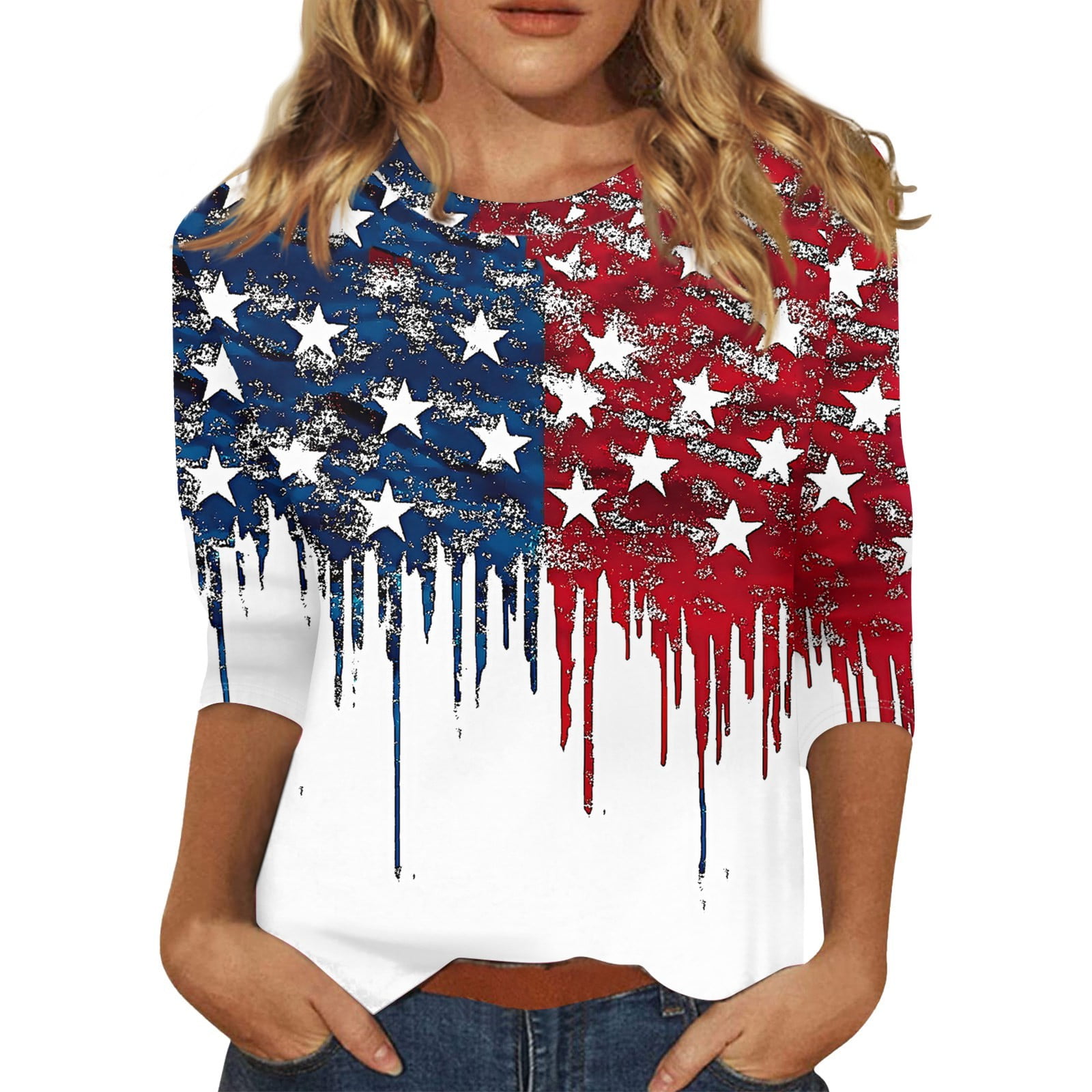 Qcmgmg Independence Day Shirts for Women 3/4 Sleeve 1776 Patriotic Tops Crew Neck Memorial Day ...
