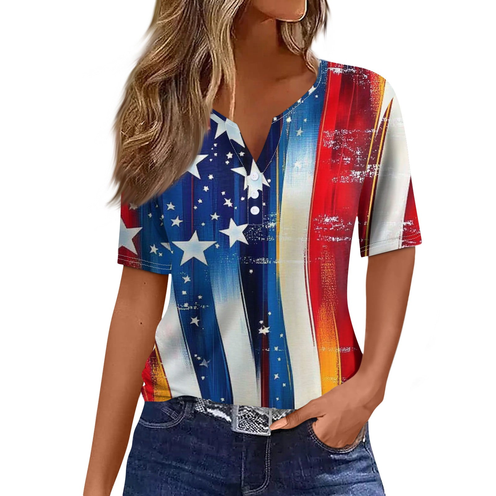 Qcmgmg Independence Day Shirts for Women Henley V Neck 4th of July Tops ...