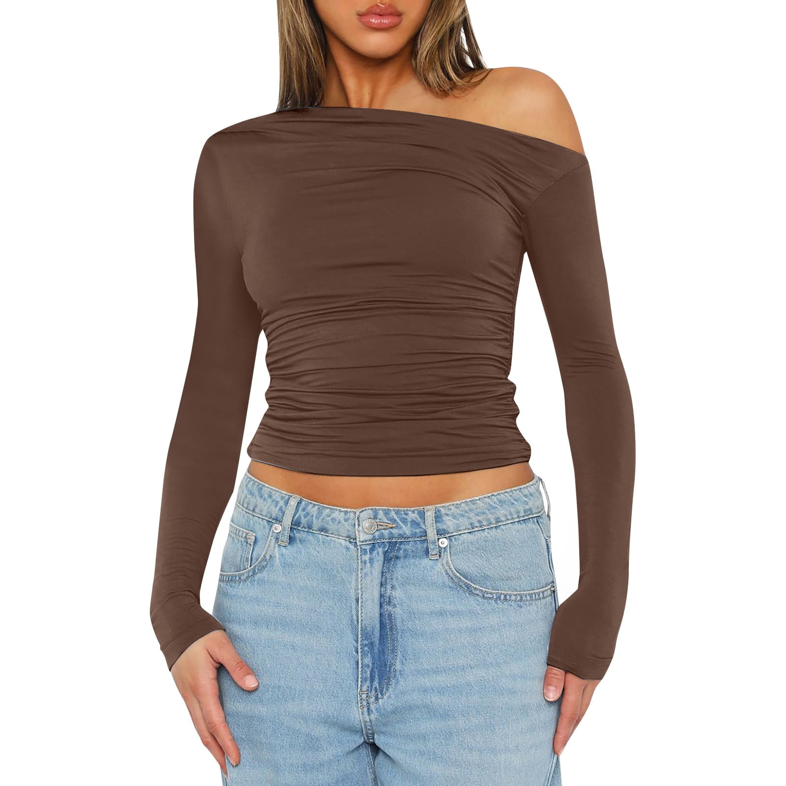 Qcmgmg Long Sleeve Crop Tops Yoga Ruched 2024 Off The Shoulder Shirts