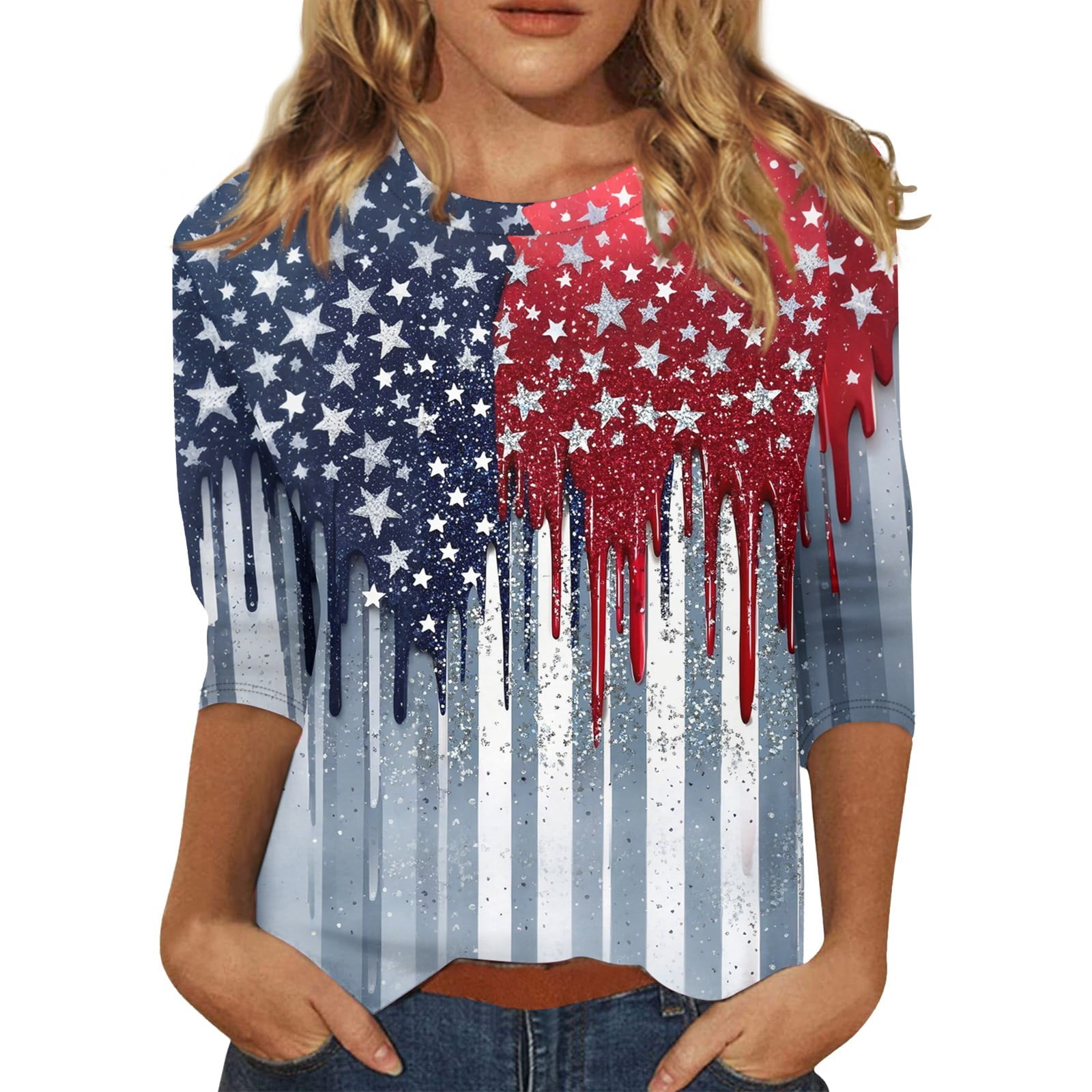 Qcmgmg Memorial Day Tops for Women 3/4 Sleeve USA Flag Shirts Crew Neck ...