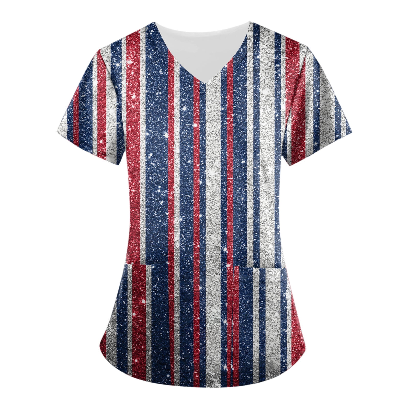 Qcmgmg Patriotic Scrub Tops For Women Usa Flag Print Nursing Workwear 4th Of July Scrubs V Neck