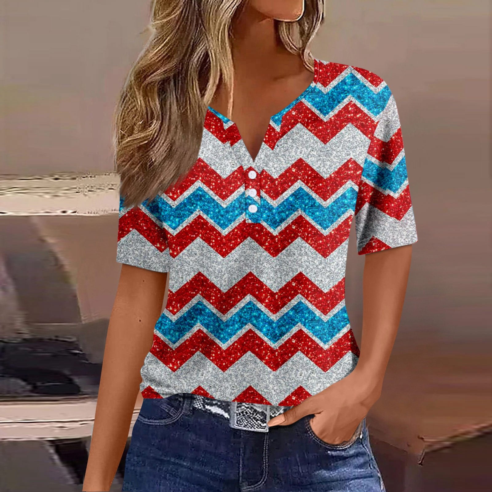 Qcmgmg Patriotic Shirts For Women Plus Size Henley V Neck Independence