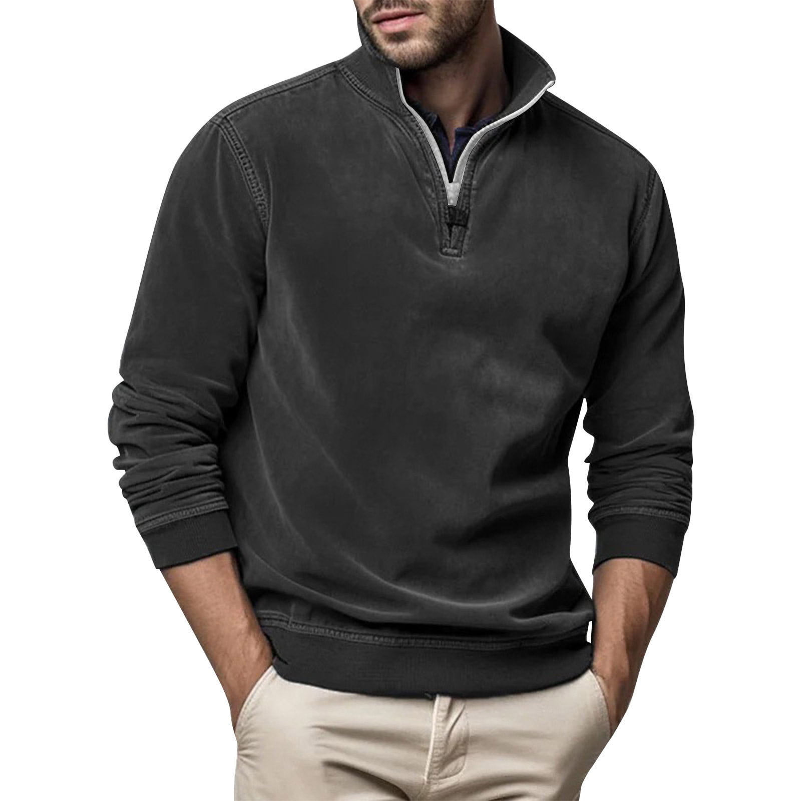 Qcmgmg Pullover for Men Solid Color Thermal Fleece 1/4 Zip Sweatshirt ...