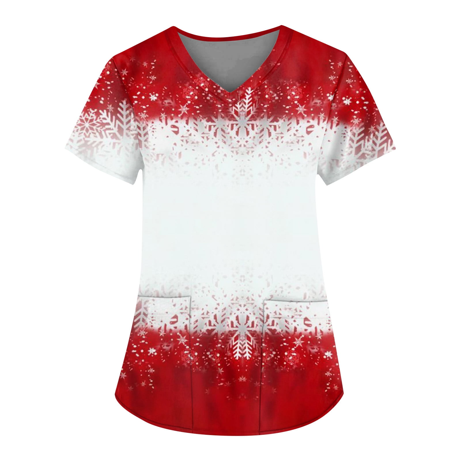 Qcmgmg Scrub Top Women Print Christmas Short Sleeve Snowflake V Neck ...
