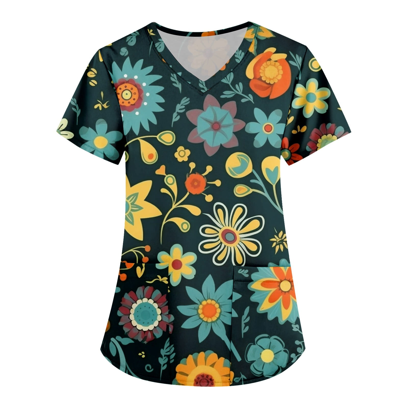 Qcmgmg Scrubs Shirts Plus Size Short Sleeve Clearance Floral Casual ...