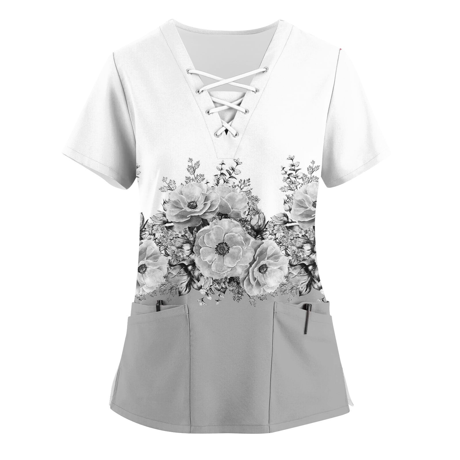 Qcmgmg Scrubs Shirts Plus Size Short Sleeve Medical Floral 2024 Womens ...