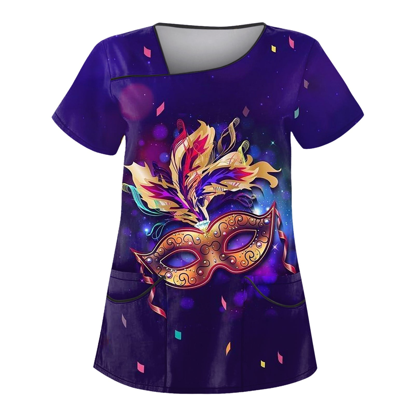 Qcmgmg Scrubs for Women Tops Mardi Gras V Neck Party Graphic Scrub Tops ...