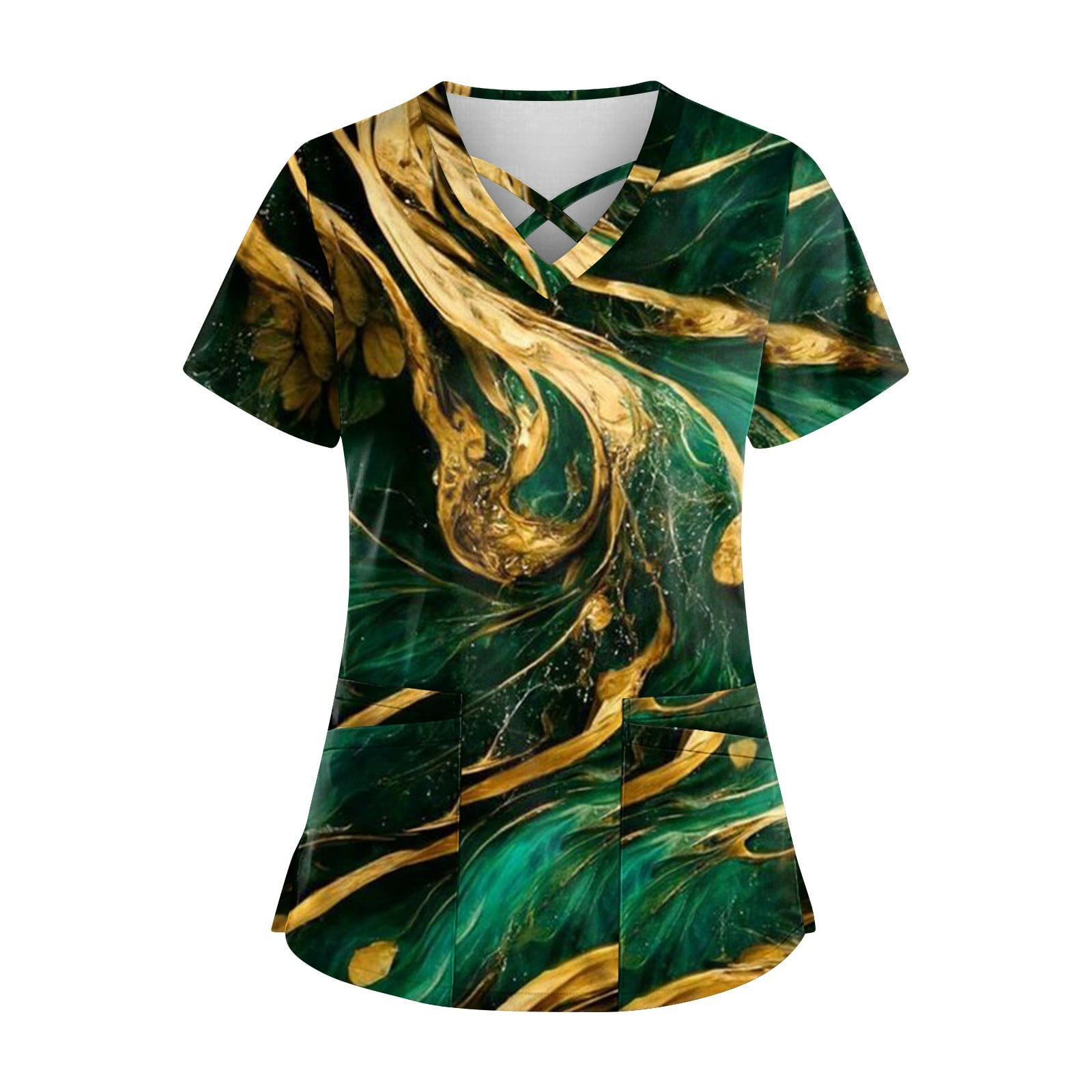 Qcmgmg Scrubs Women With Two Pockets Loose Fit Criss Cross Graphic
