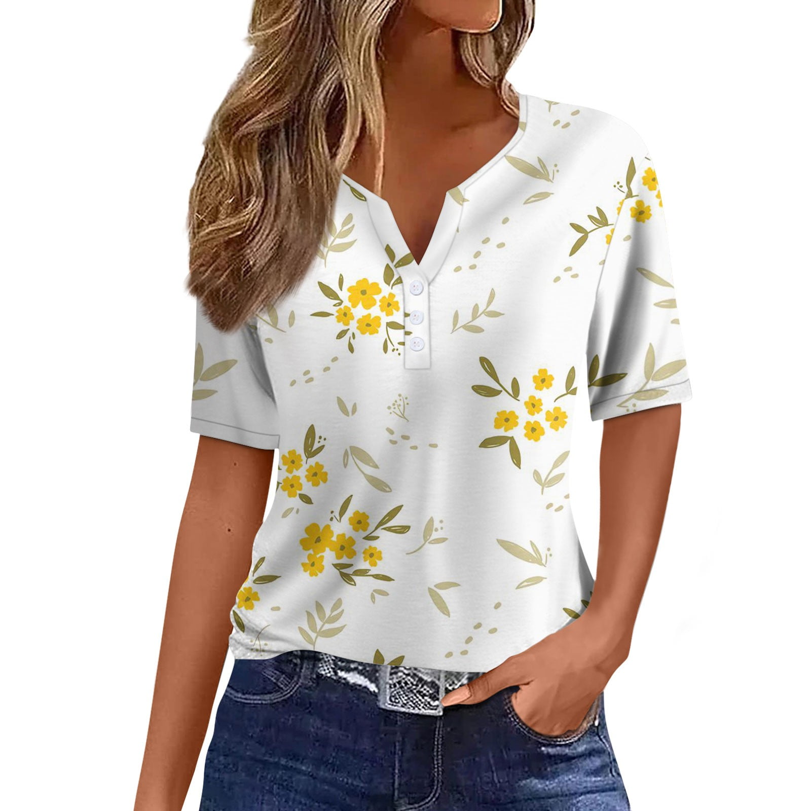 Qcmgmg Summer Shirts For Women Graphic Short Sleeve Henley Button 2024