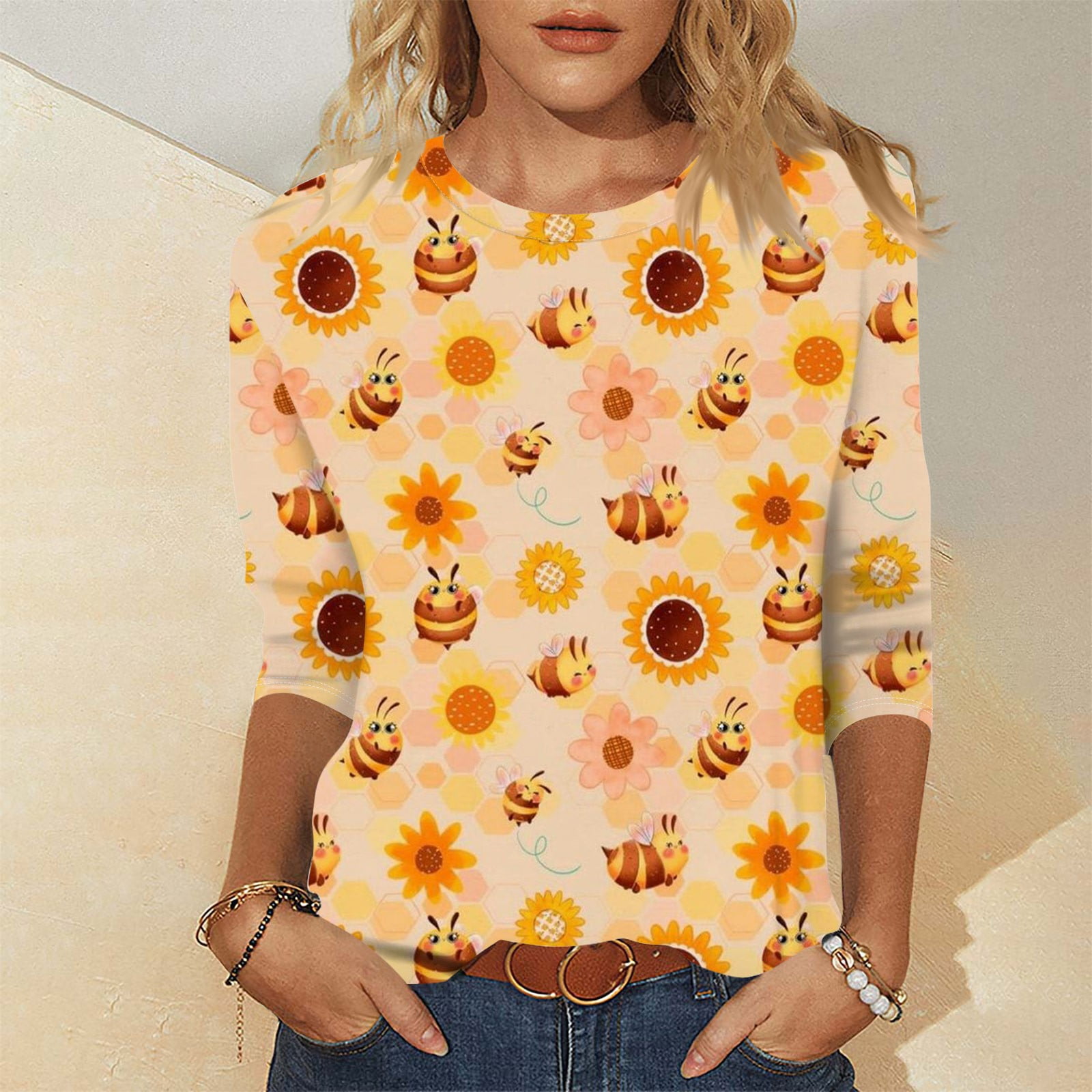 Qcmgmg Sunflower Shirts for Women 3/4 Sleeve Clearance 2024 Tunic Tops ...