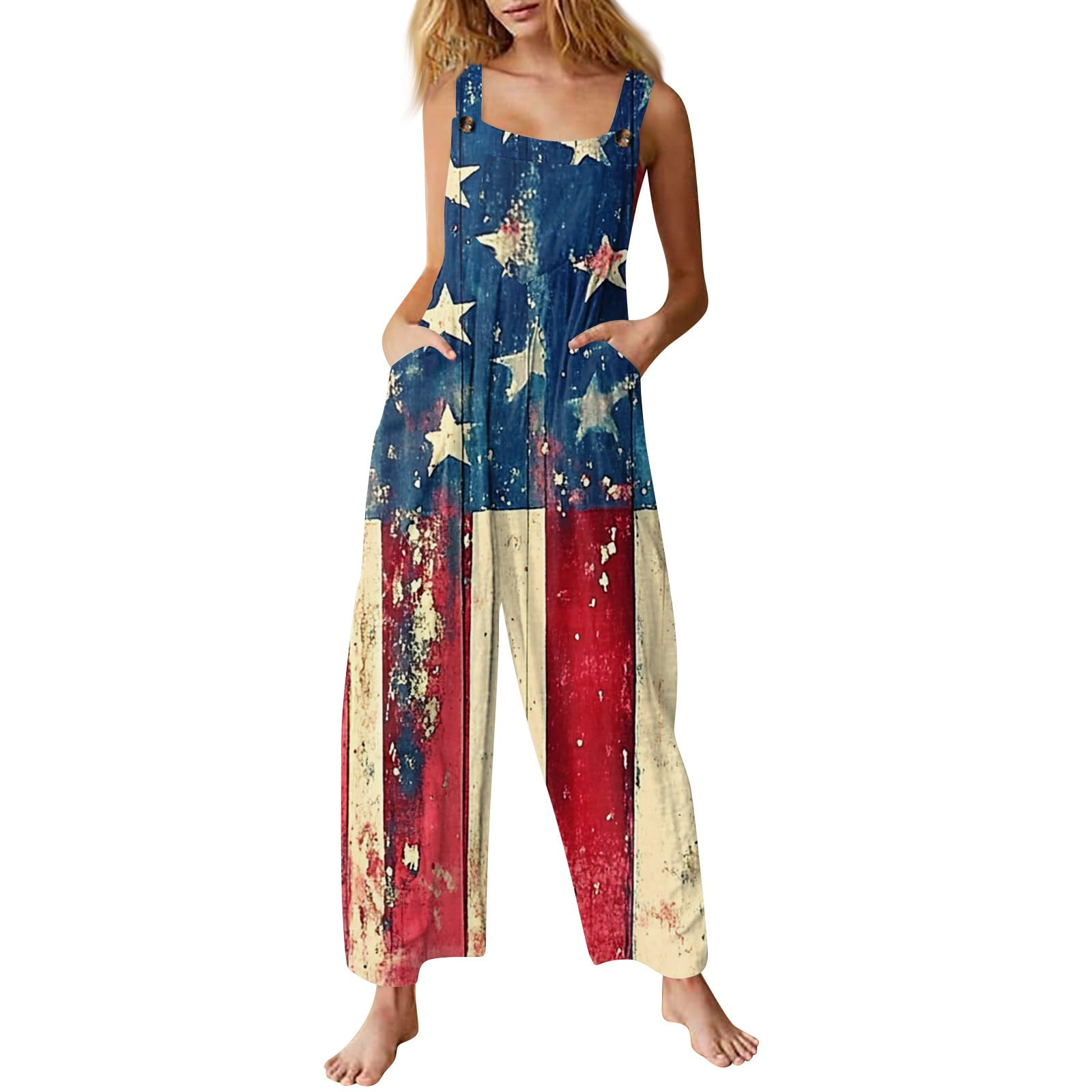 Qcmgmg USA Flag Overalls for Women Patriotic Sleeveless American Flag ...