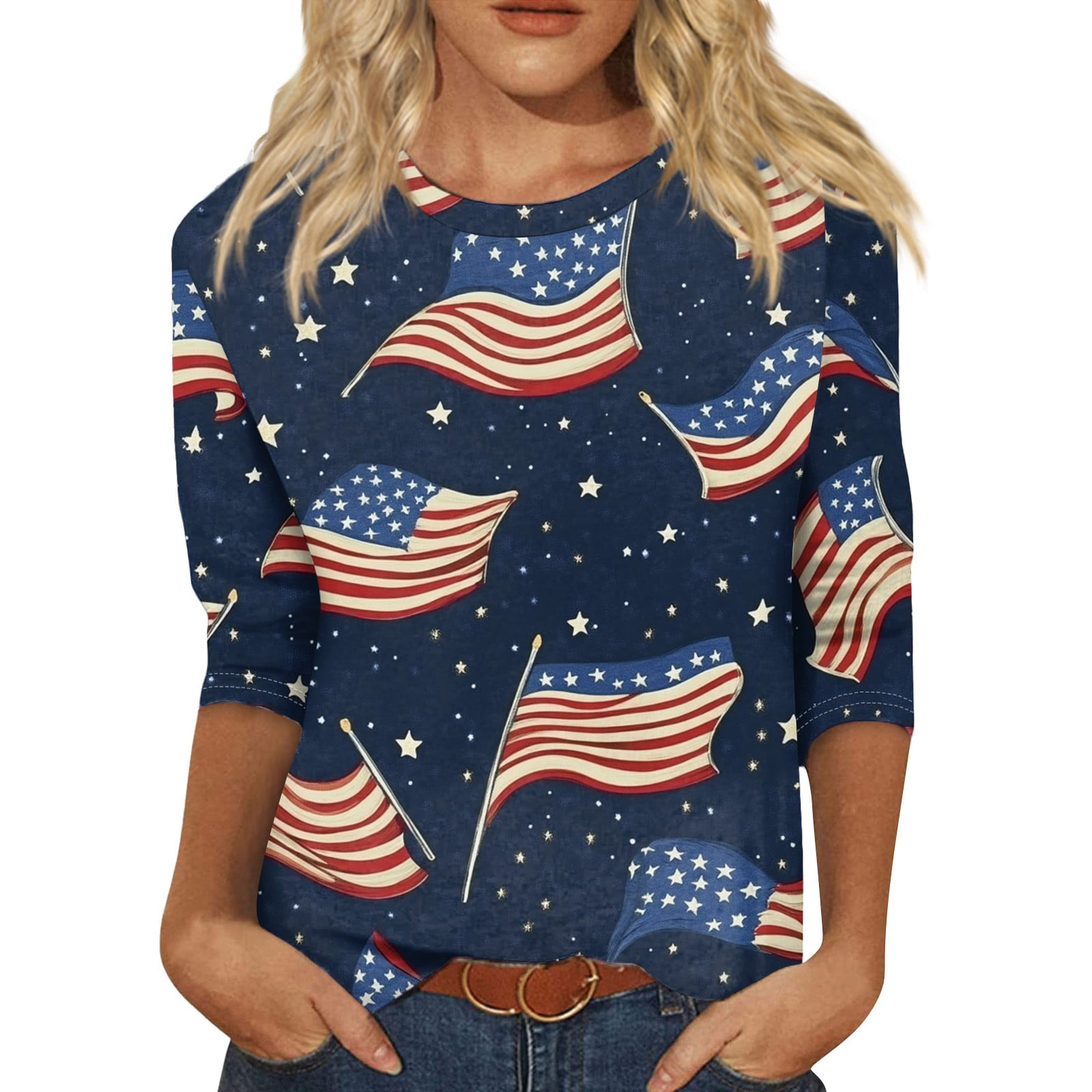 Qcmgmg USA Flag Shirts for Women 3/4 Sleeve Independence Day Tops Crew ...
