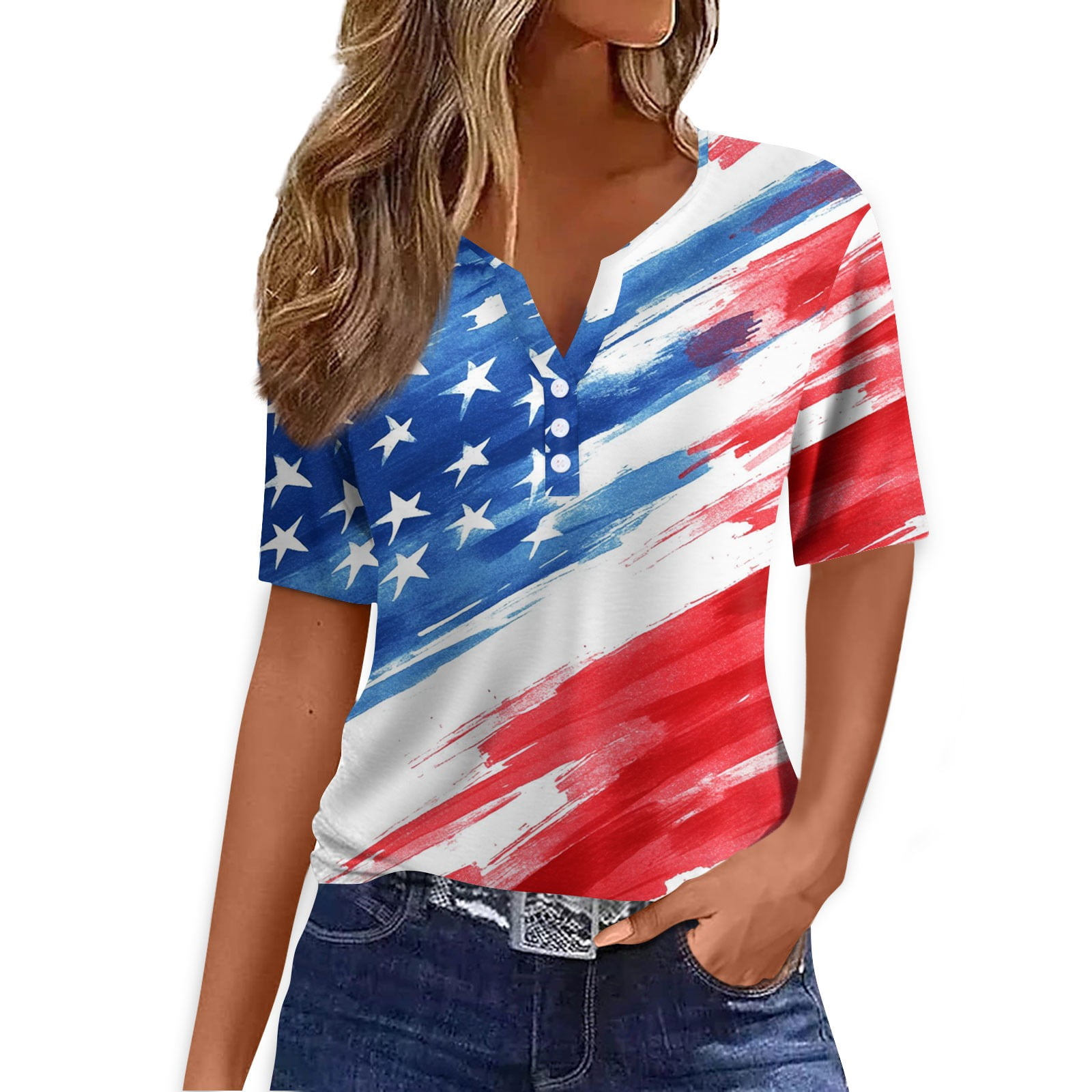 Qcmgmg USA Flag Shirts for Women Short Sleeve American Flag Tops Henley ...