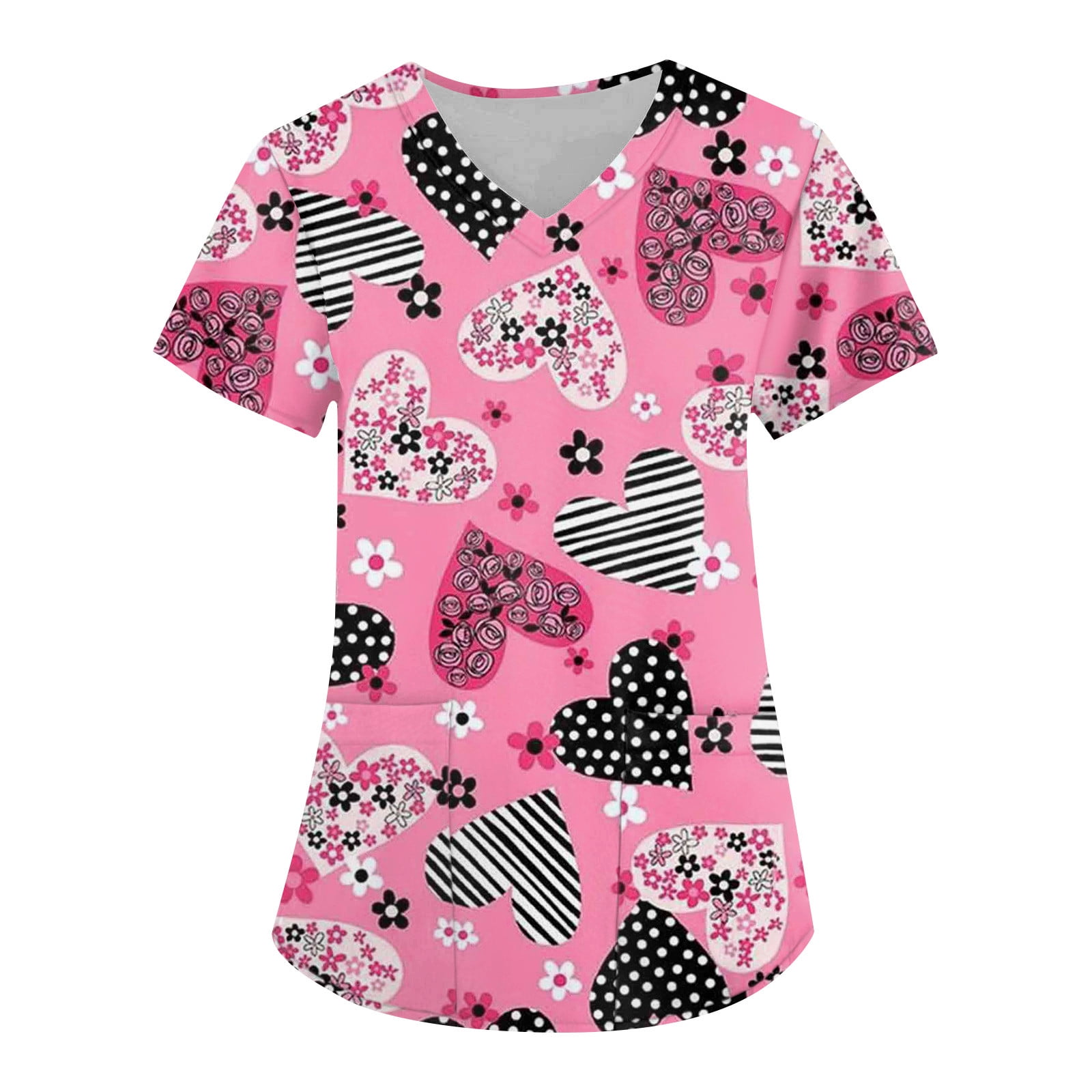 Qcmgmg Women Scrubs Uniform Valentines Day V Neck Nurse Medical Scrub Top Women Love Heart Print