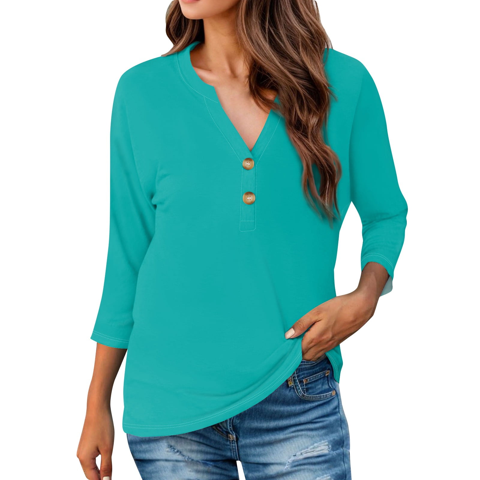Qcmgmg Women's 3/4 Sleeve Summer Tops V Neck Solid Color Blouse Button ...