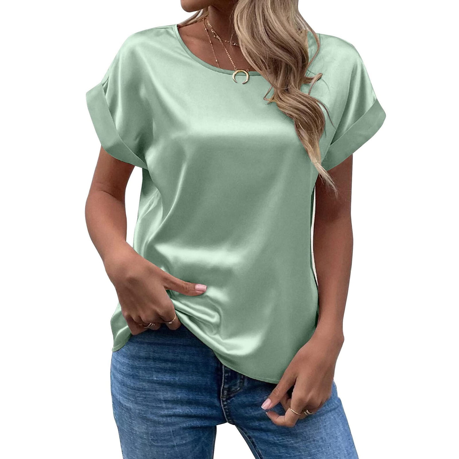 Qcmgmg Women's Elegant Round Neck Classic Short Sleeve Satin Silk ...