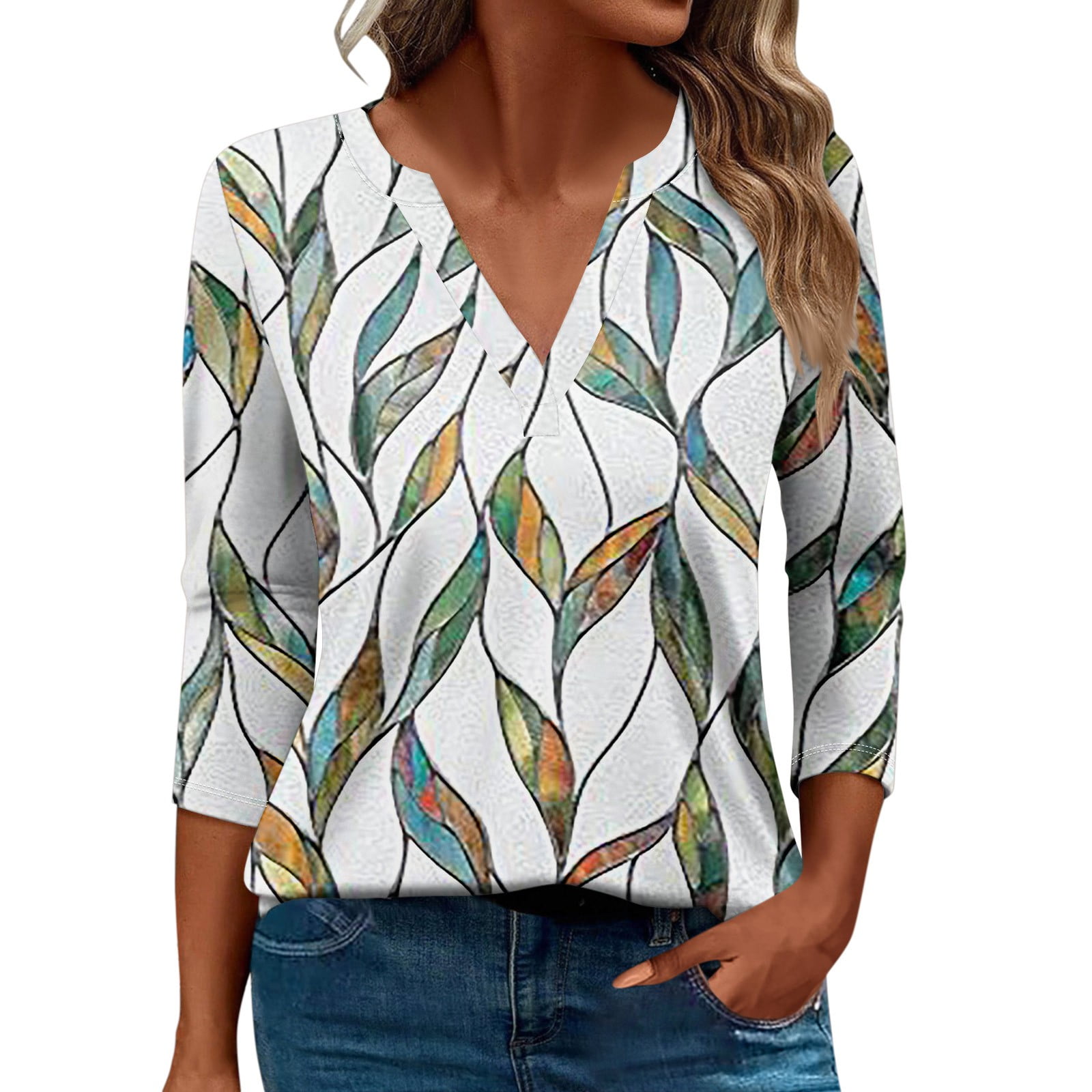 Qcmgmg Womens 3/4 Sleeve Summer Tops V Neck Floral Print Blouse Three ...