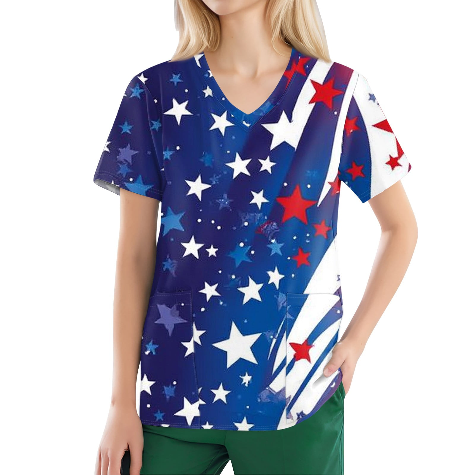 Qcmgmg Womens 4th Of July Scrub Tops American Flag V Neck Independence ...