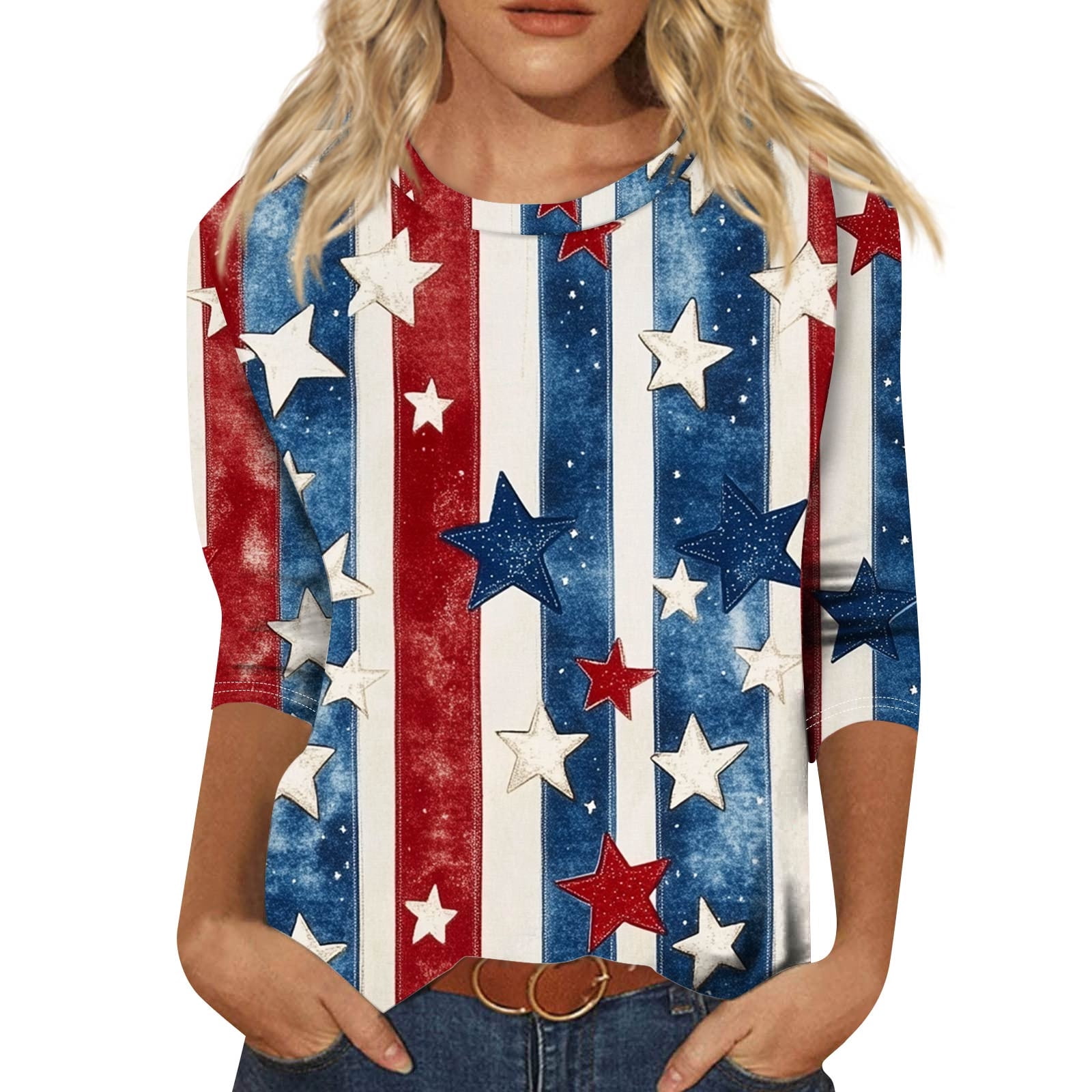 Qcmgmg Womens American Flag Shirts 3/4 Sleeve Fourth of July Tops Crew ...