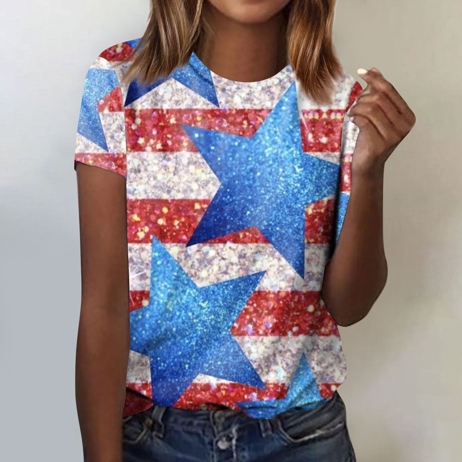 Qcmgmg Womens American Flag Tshirts Short Sleeve Stars Striped Shirts 4th Of July Crew Neck