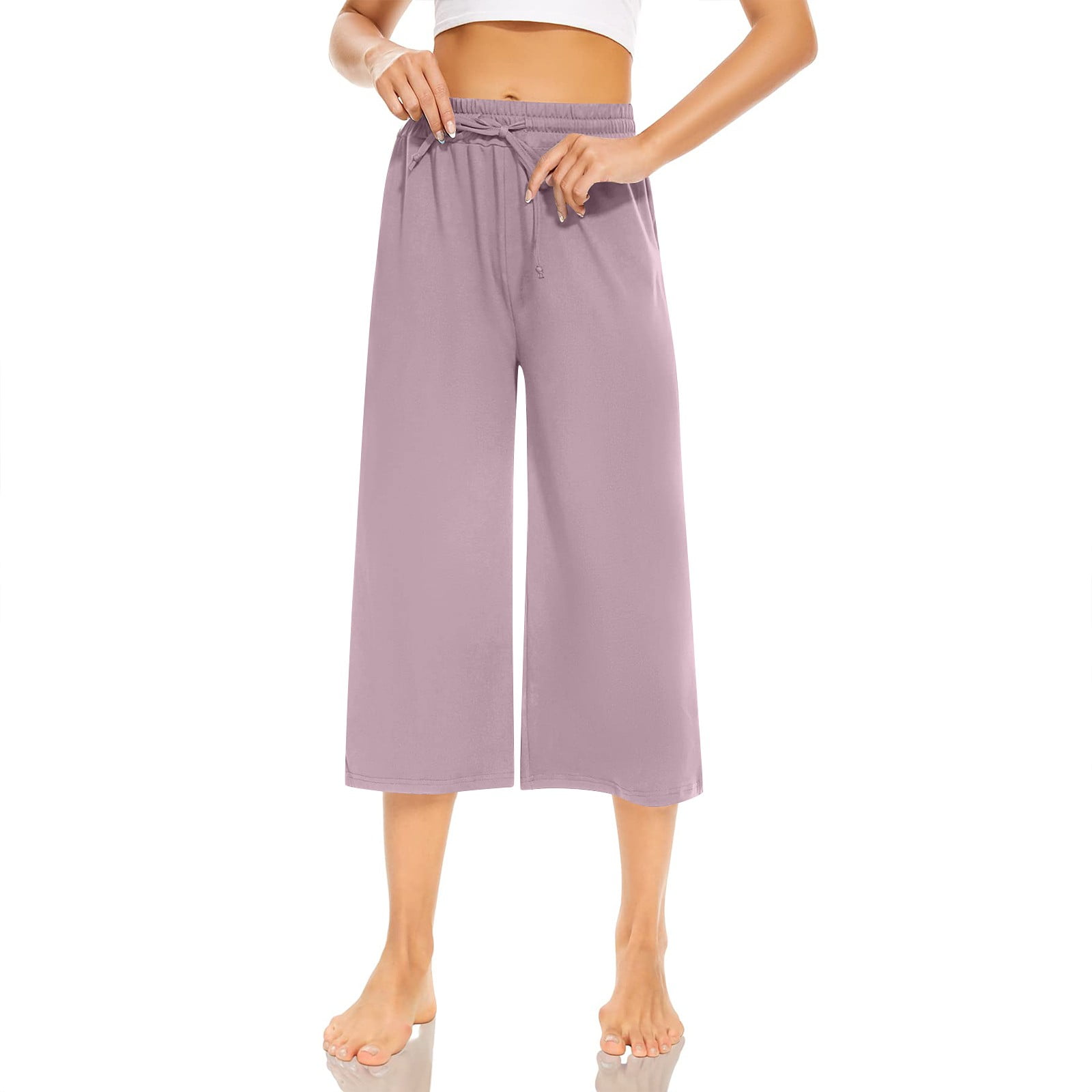 Qcmgmg Womens Capri Yoga Pants Wide Leg Casual Summer Drawstring Loose Comfy Lounge Capri