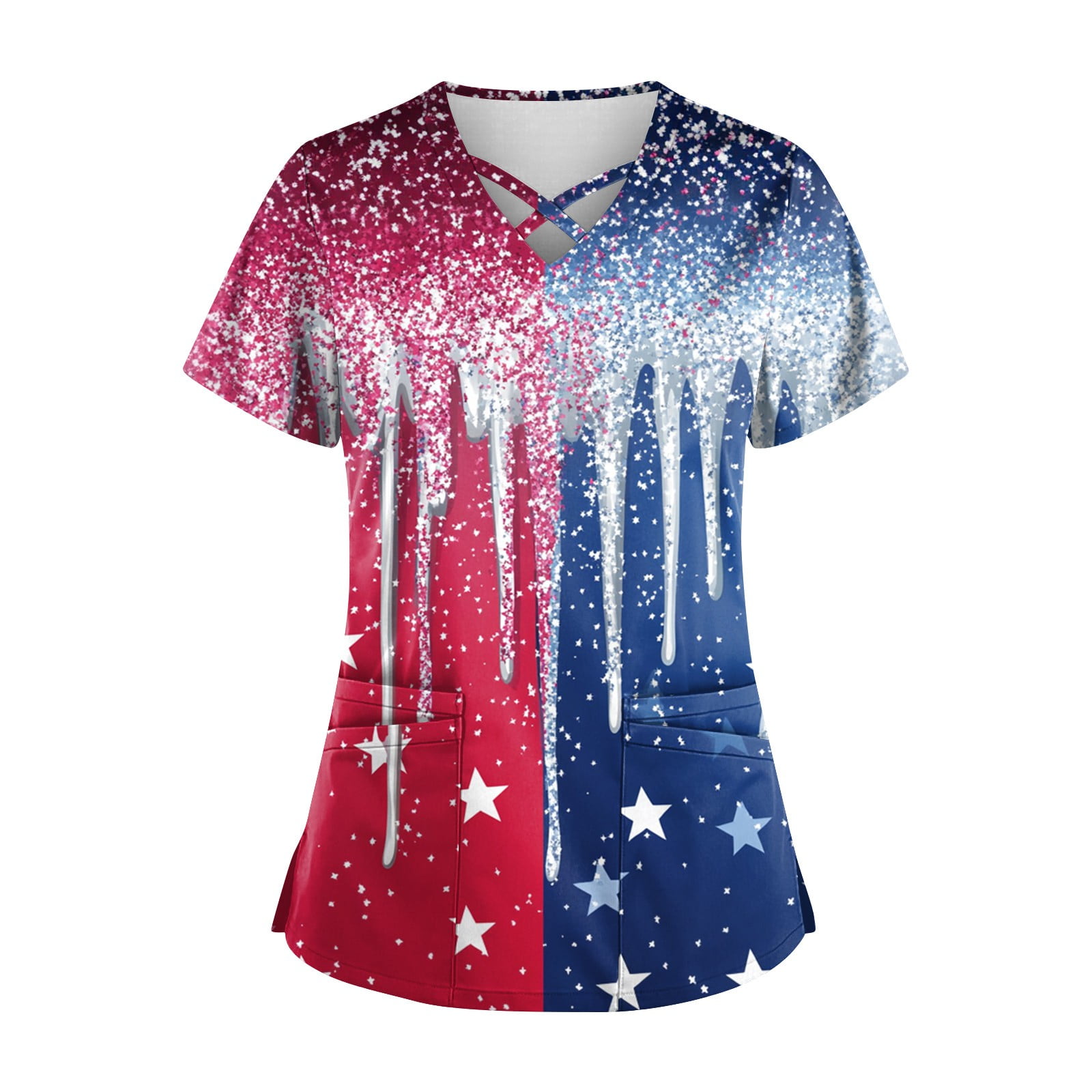Qcmgmg Womens Fourth Of July Scrub Tops Red White and Blue V Neck ...