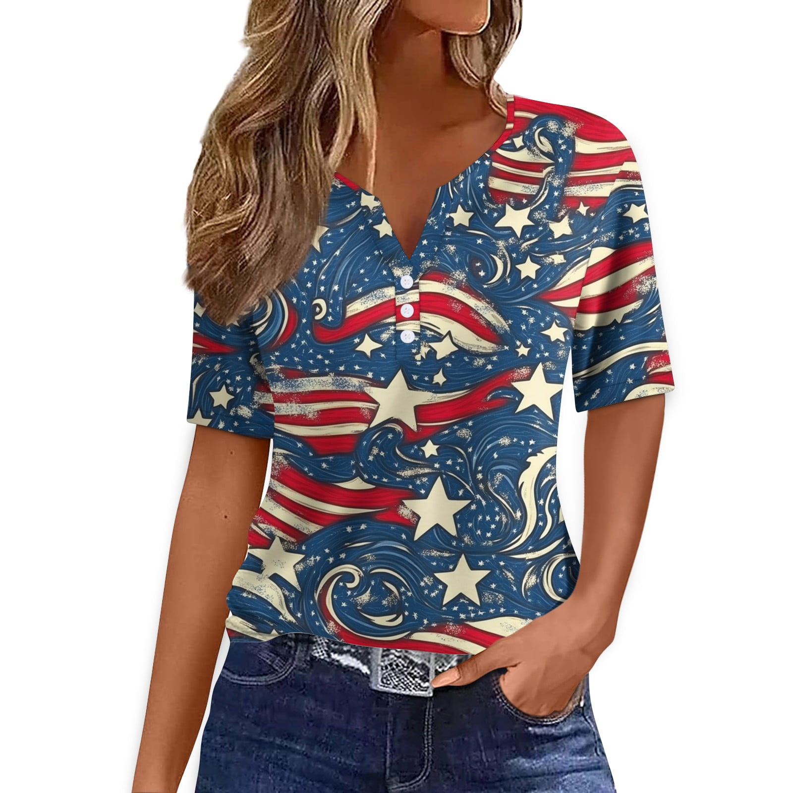 Qcmgmg Womens Fourth Of July Tops Short Sleeve Patriotic USA Flag Shirts Button Down Memorial ...