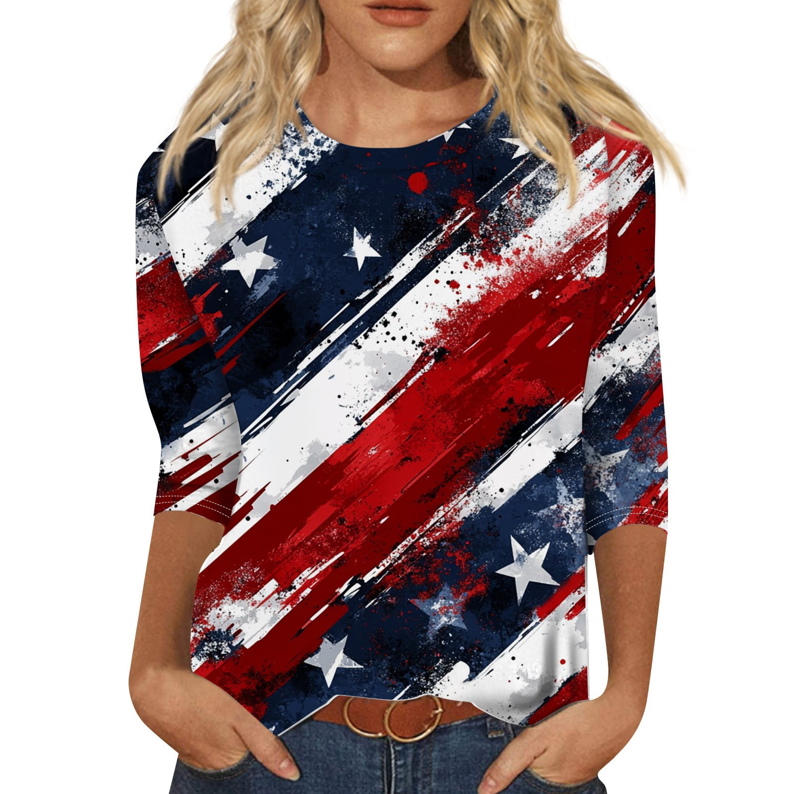 Qcmgmg Womens Independence Day Shirts 3/4 Sleeve 1776 American Flag ...