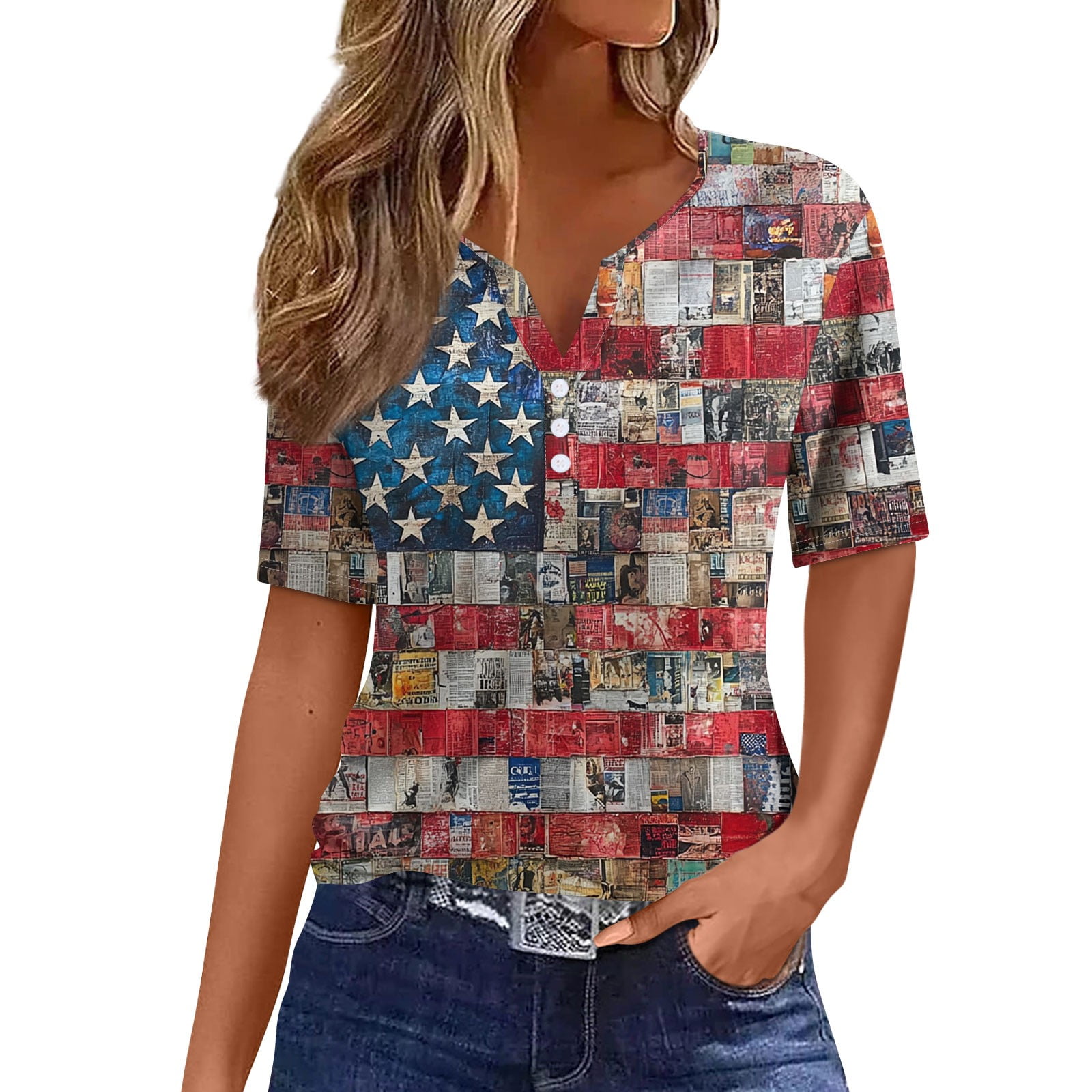 Qcmgmg Womens Independence Day Shirts Button Down USA Flag American ...