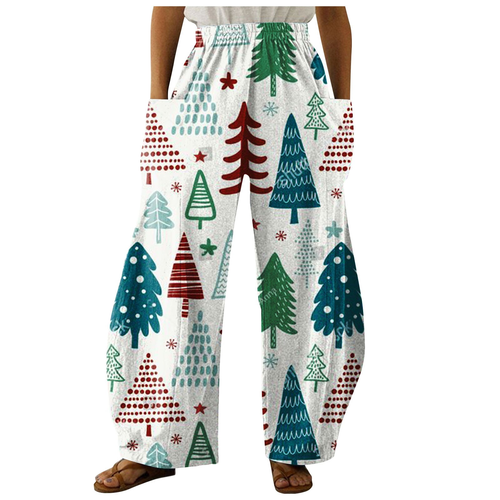 Qcmgmg Womens Pajama Pants Christmas Tree Plus Size Boho High Waist ...