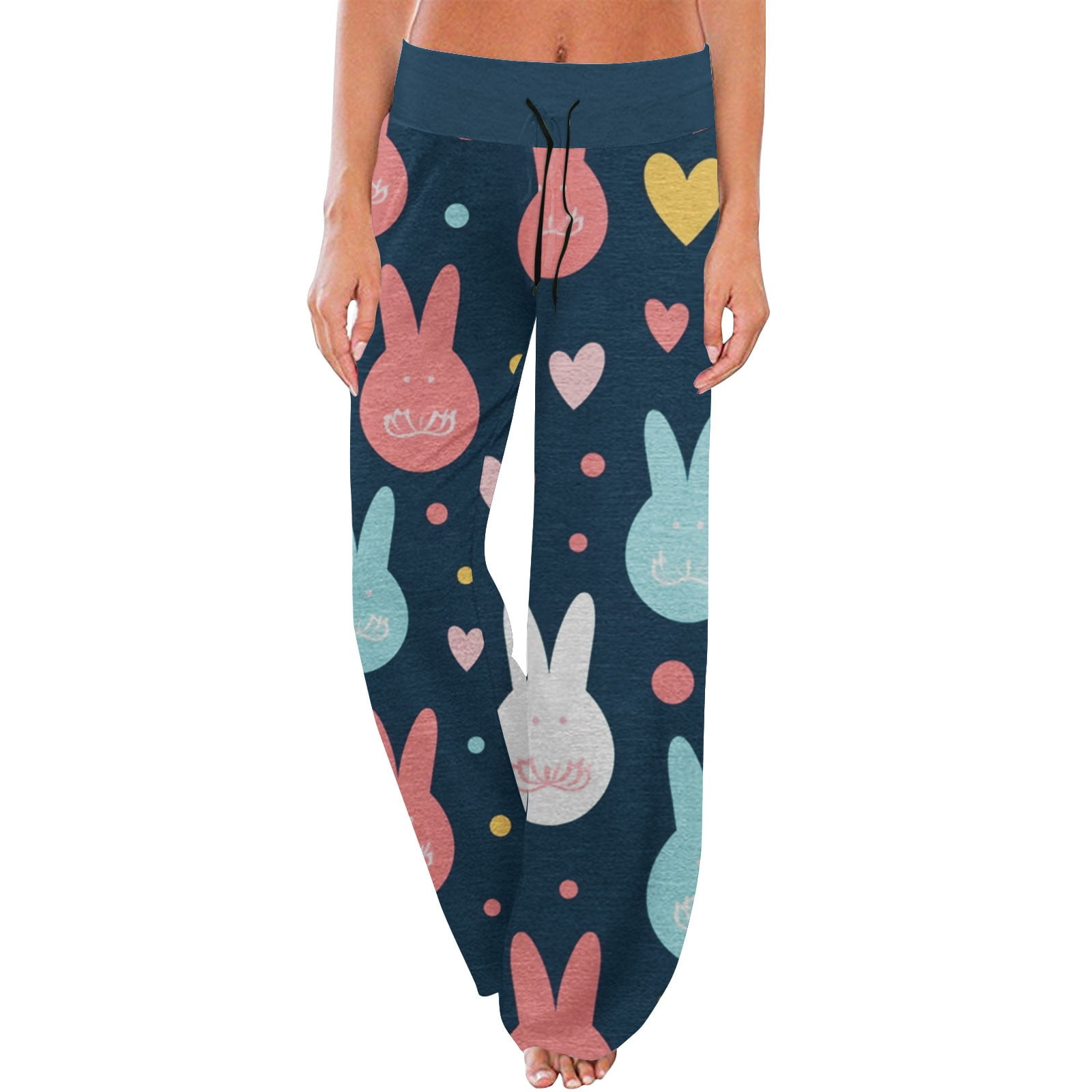 Qcmgmg Womens Pajama Pants For Easter Egg High Waisted Bunny Wide Leg