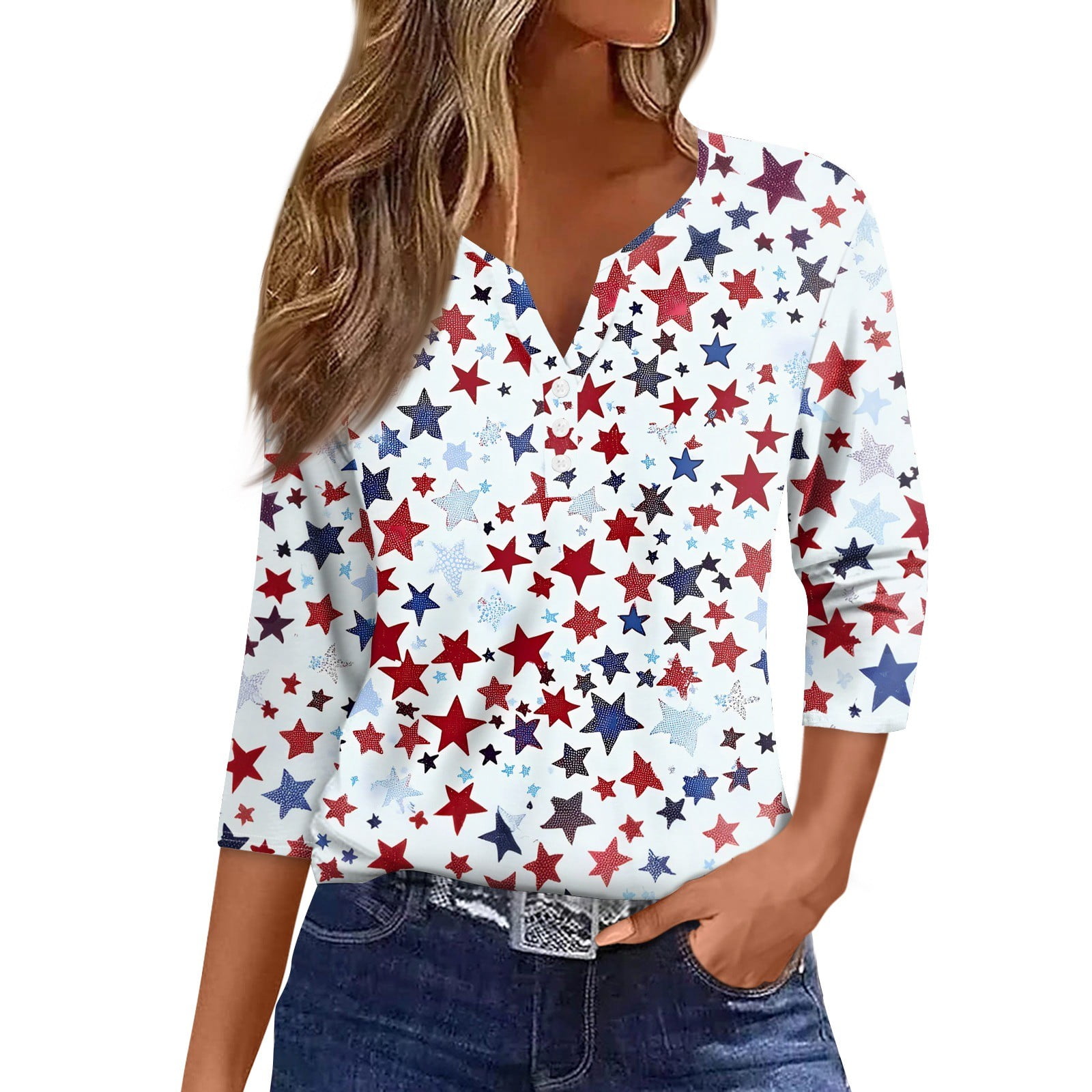 Qcmgmg Womens Patriotic Tops 3/4 Sleeve 1776 American Flag Shirts ...
