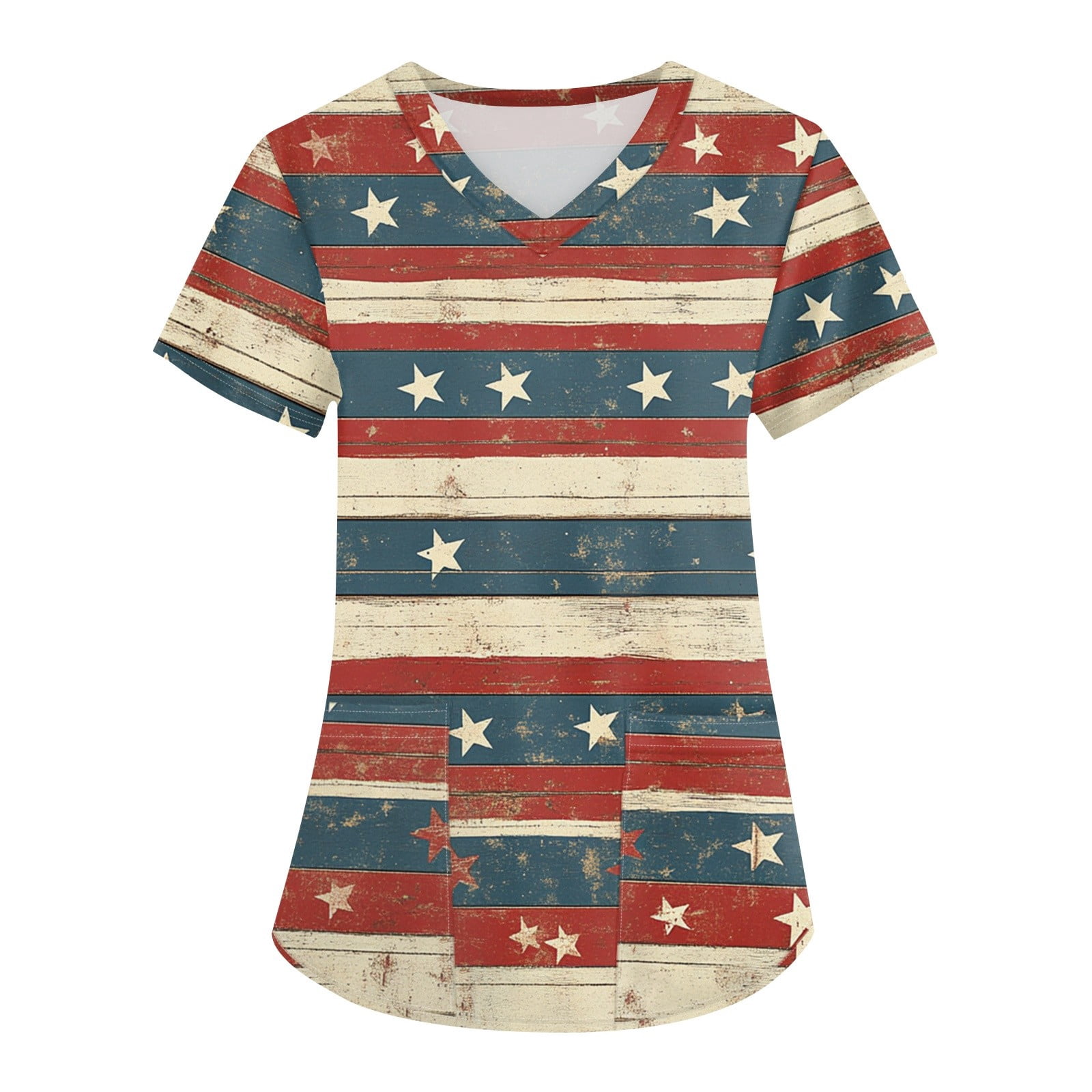 Qcmgmg Womens Red White and Blue Scrub Tops American Flag Medical 4th ...