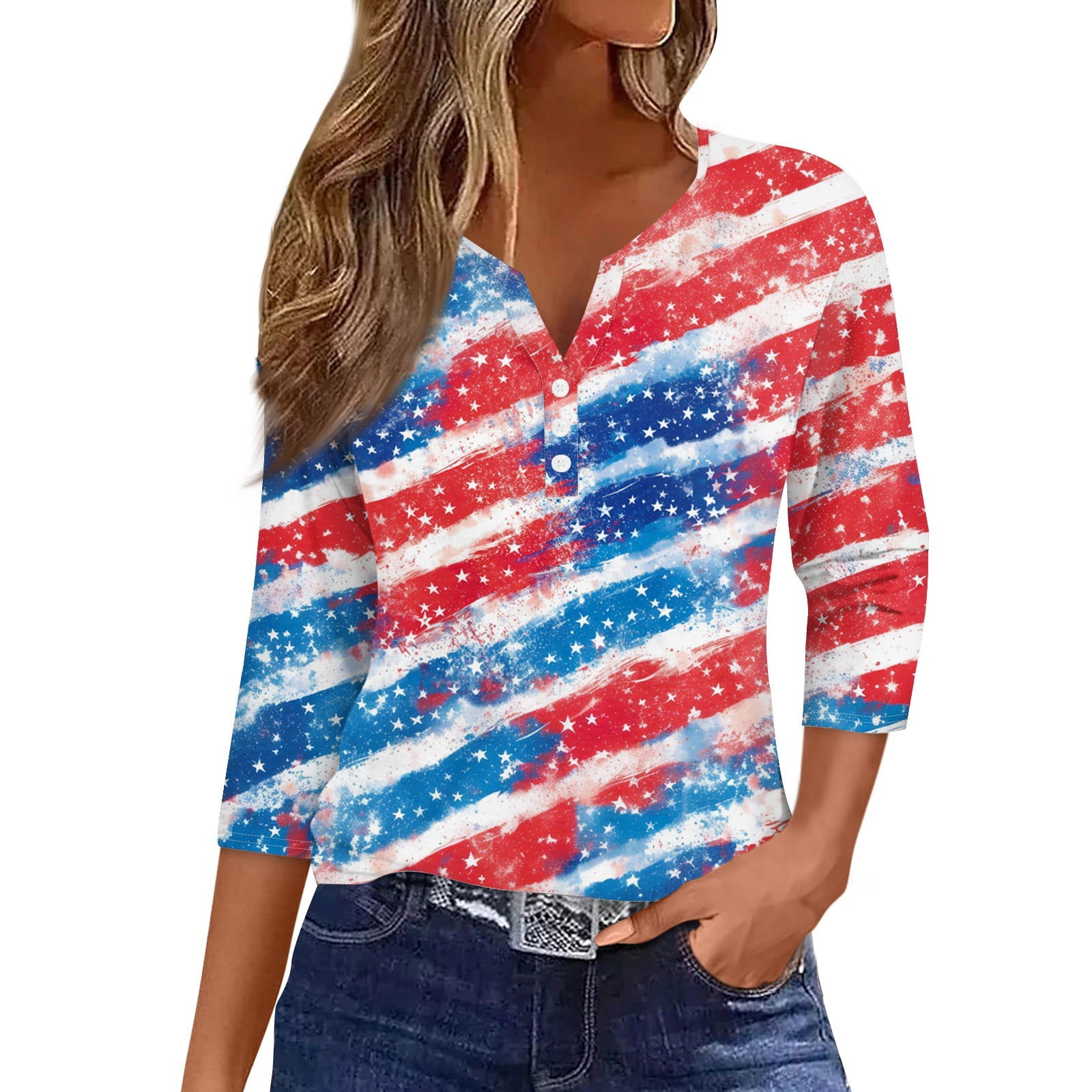 Qcmgmg Womens Red White and Blue Shirts 3/4 Sleeve Henley V Neck ...