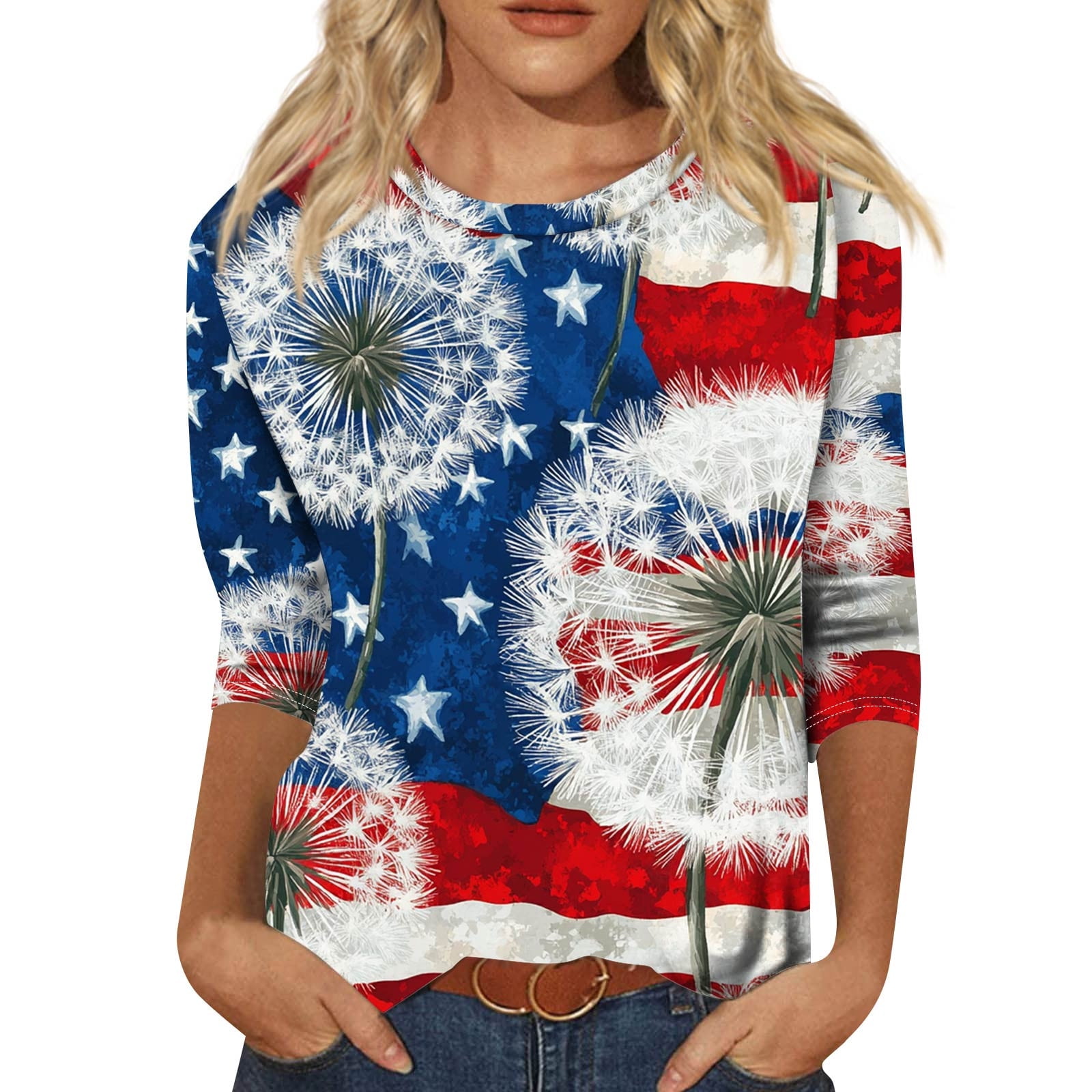 Qcmgmg Womens Red White and Blue Tops 3/4 Sleeve Fourth of July Shirts ...