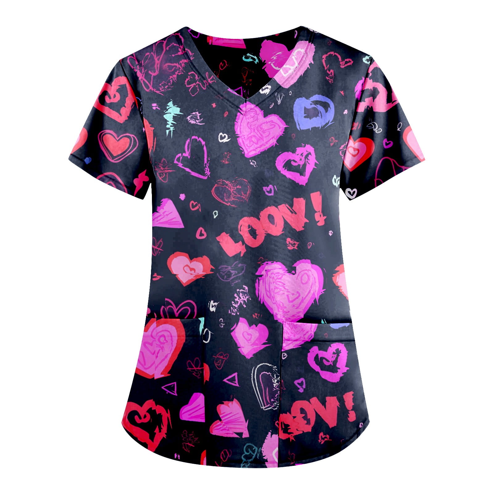 Qcmgmg Womens Scrub Tops Prints Valentines Day Workwear Nurse V Neck ...