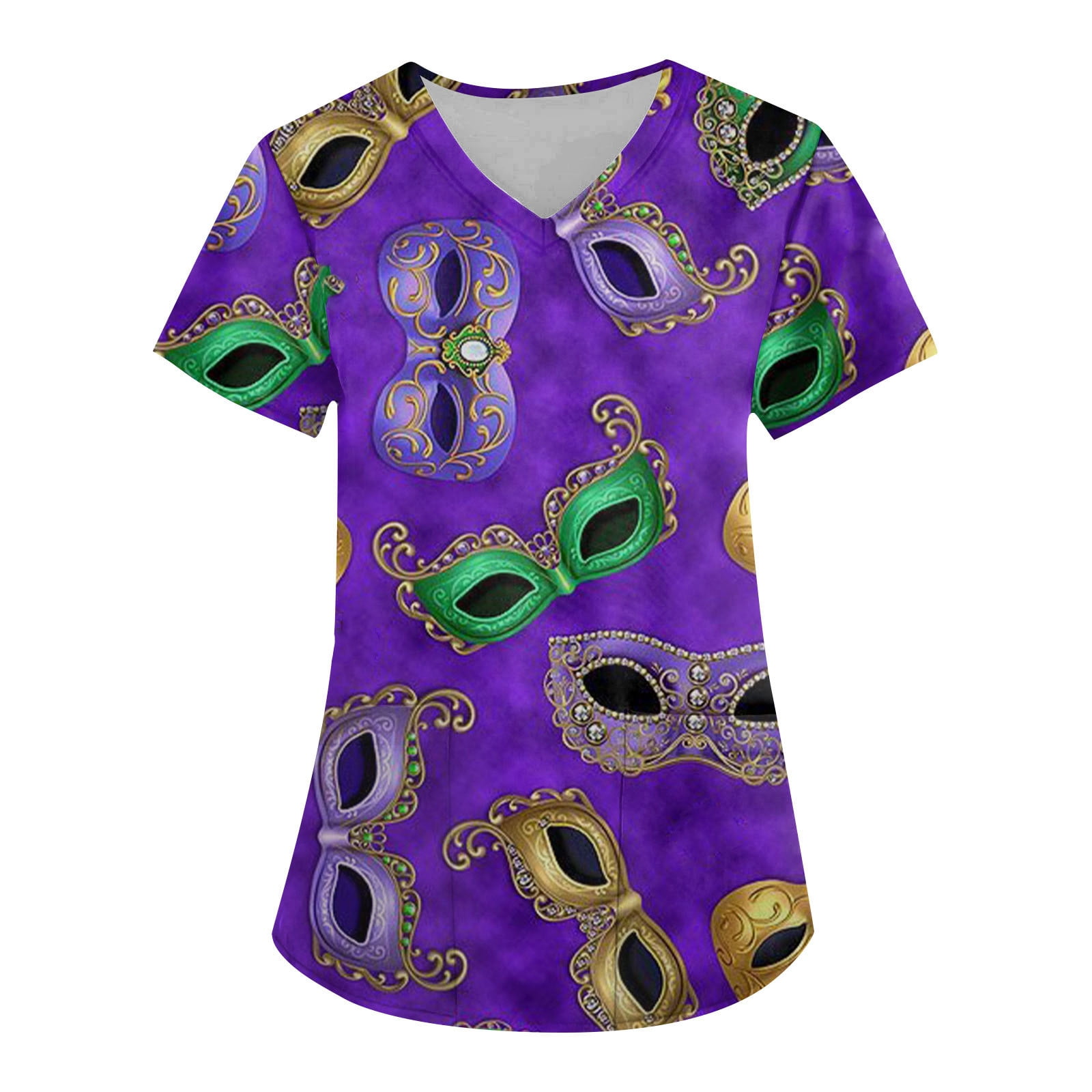 Qcmgmg Womens Scrubs Mardi Gras Short Sleeve Party Graphic Scrub Tops ...