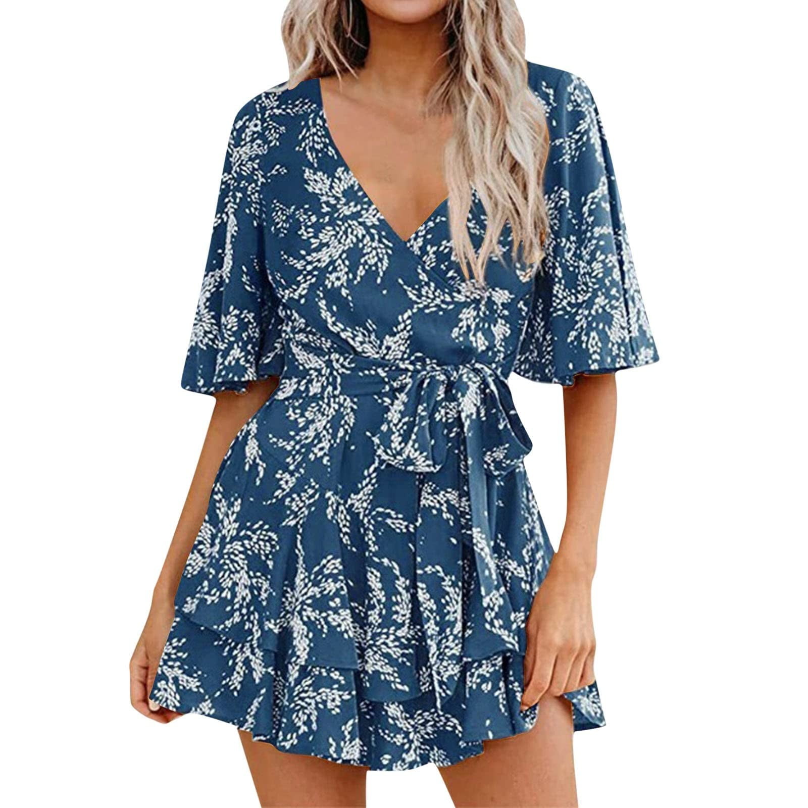 Qcmgmg Womens Summer Short Flared Sleeve Romper V Neck Floral Print ...