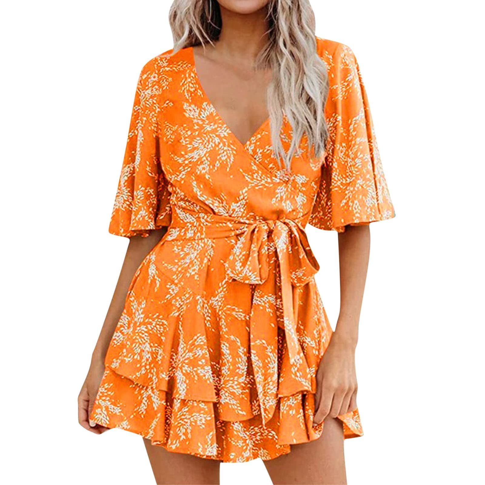 Qcmgmg Womens Summer Short Flared Sleeve Romper V Neck Floral Print ...