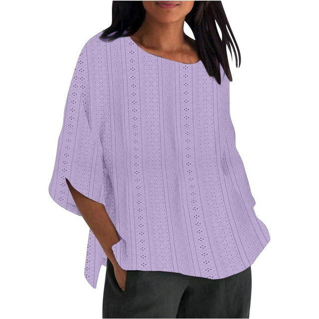 Qcmgmg Womens Summer Tops 3/4 Sleeve Solid Color Crew Neck Blouse Side ...